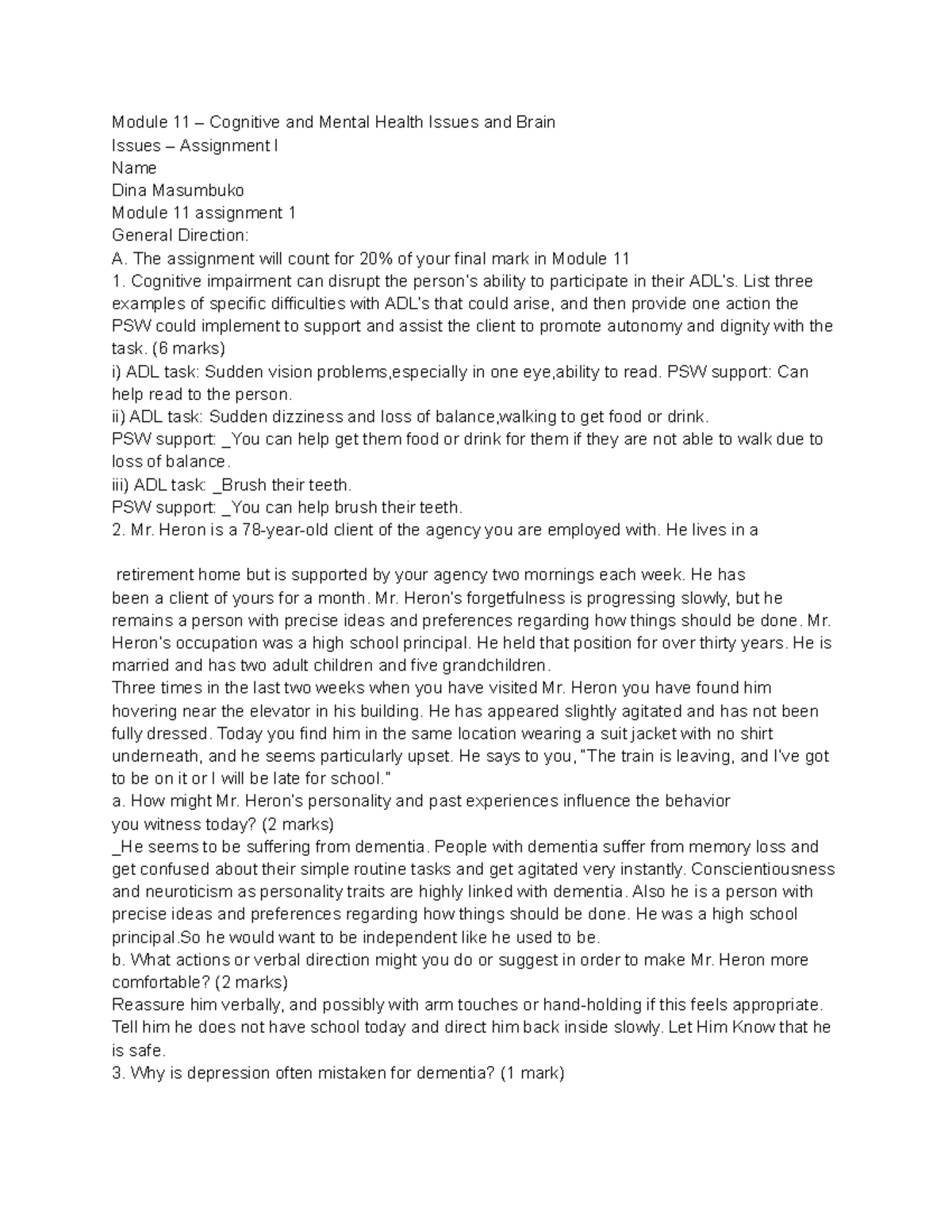 Assignment 11 - Helping people - Module 11 – Cognitive and Mental Health Issues and Brain Issues ...