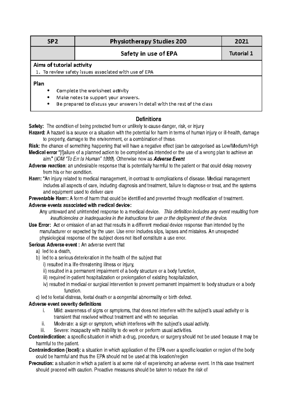 2021 Tutorial 1 Safety with use of EPA - SP2 Physiotherapy Studies 200 ...