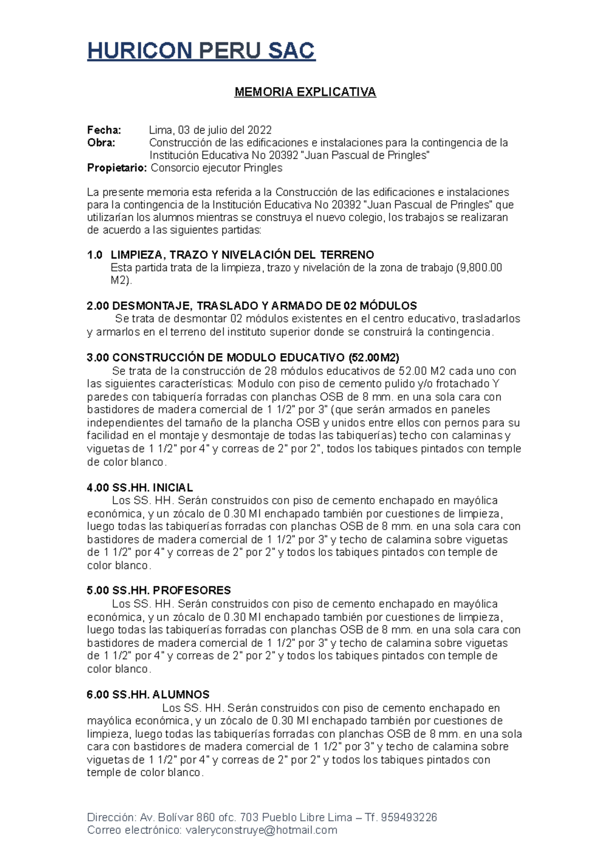 Memoria Explicativa - DESARROLLO ANÁLISIS FODA - HURICON PERU SAC ...