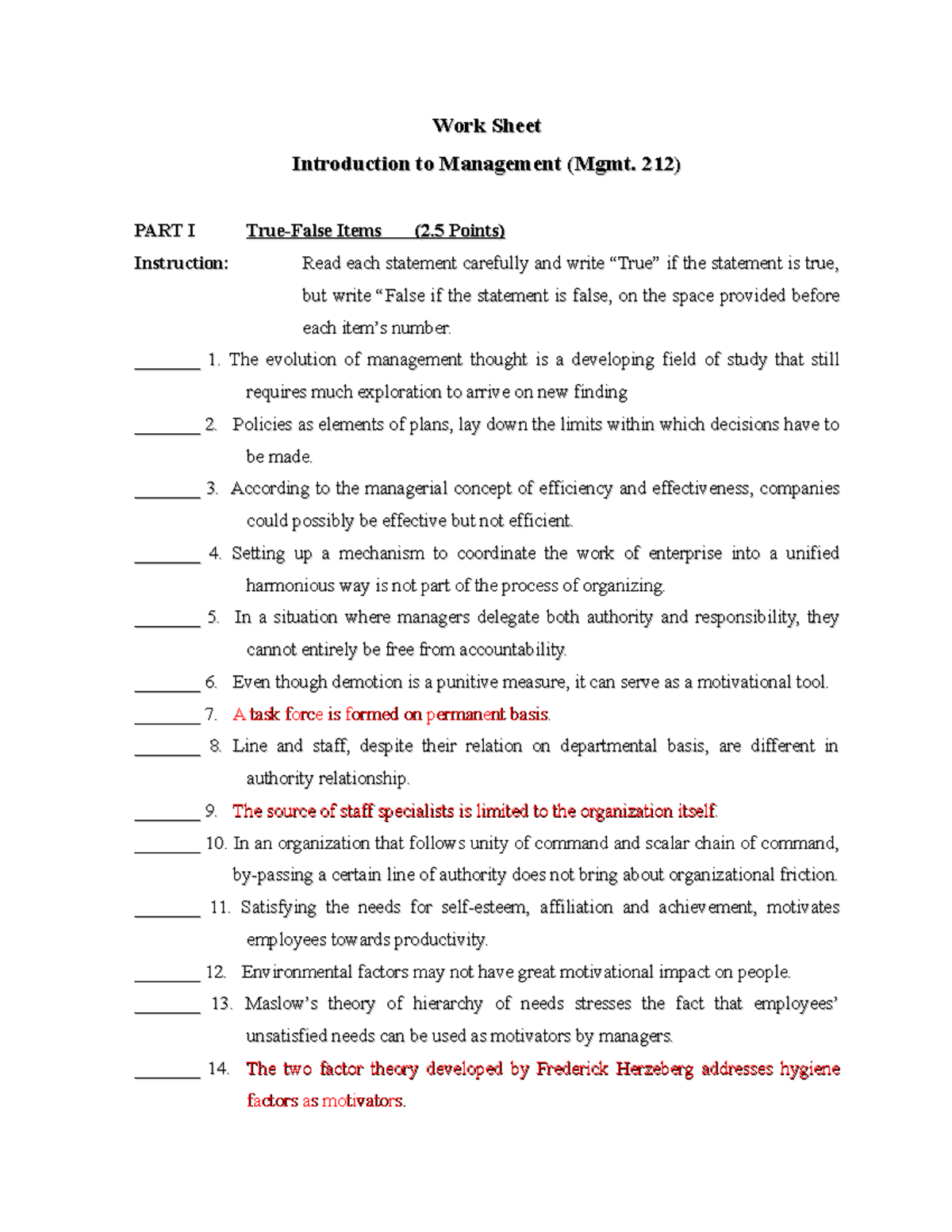 management and leadership - Work SheetWork Sheet Introduction to ...