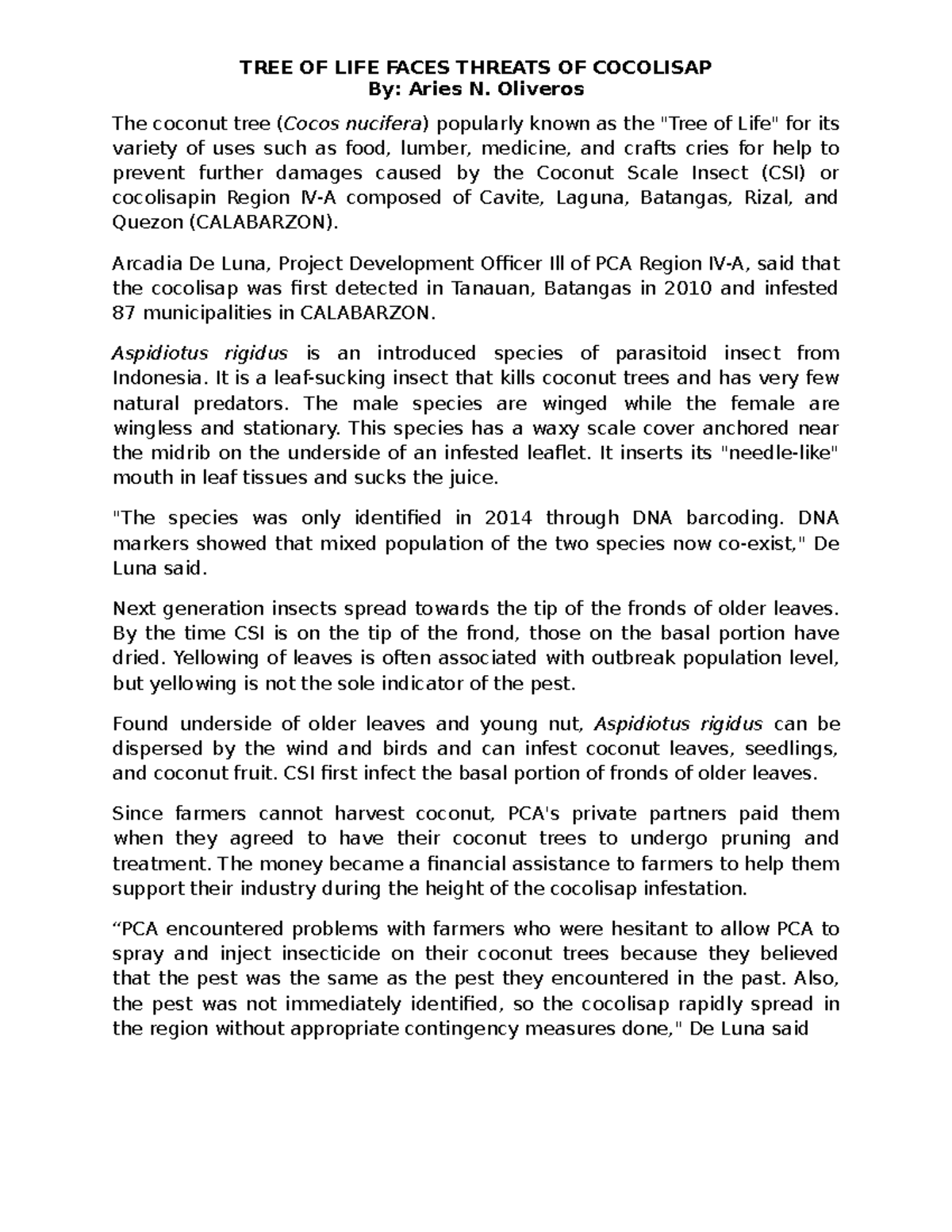 Tree of Life Faces Threats of Cocolisap - TREE OF LIFE FACES THREATS OF ...