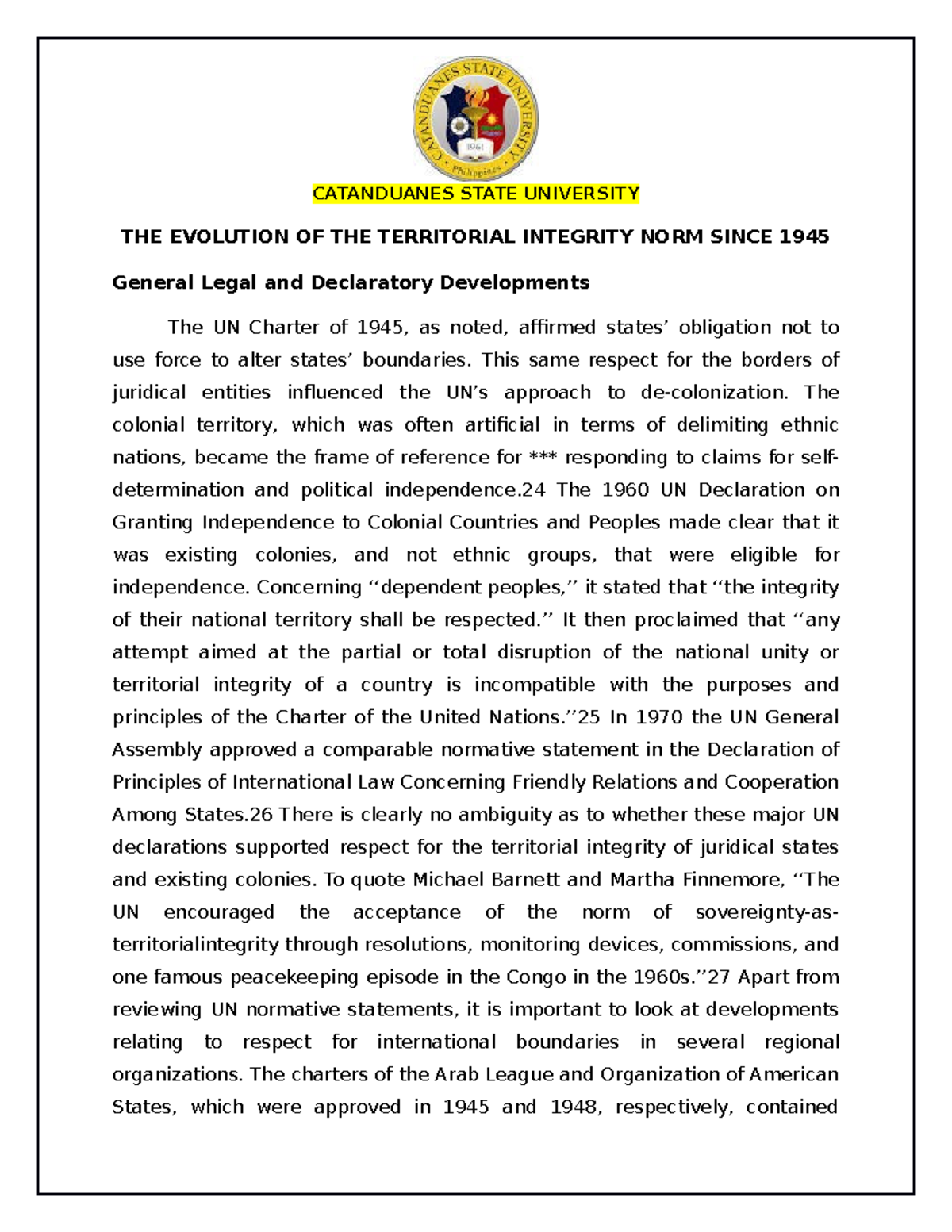 THE Evolution OF THE Territorial Integrity NORM Since 1945 ...