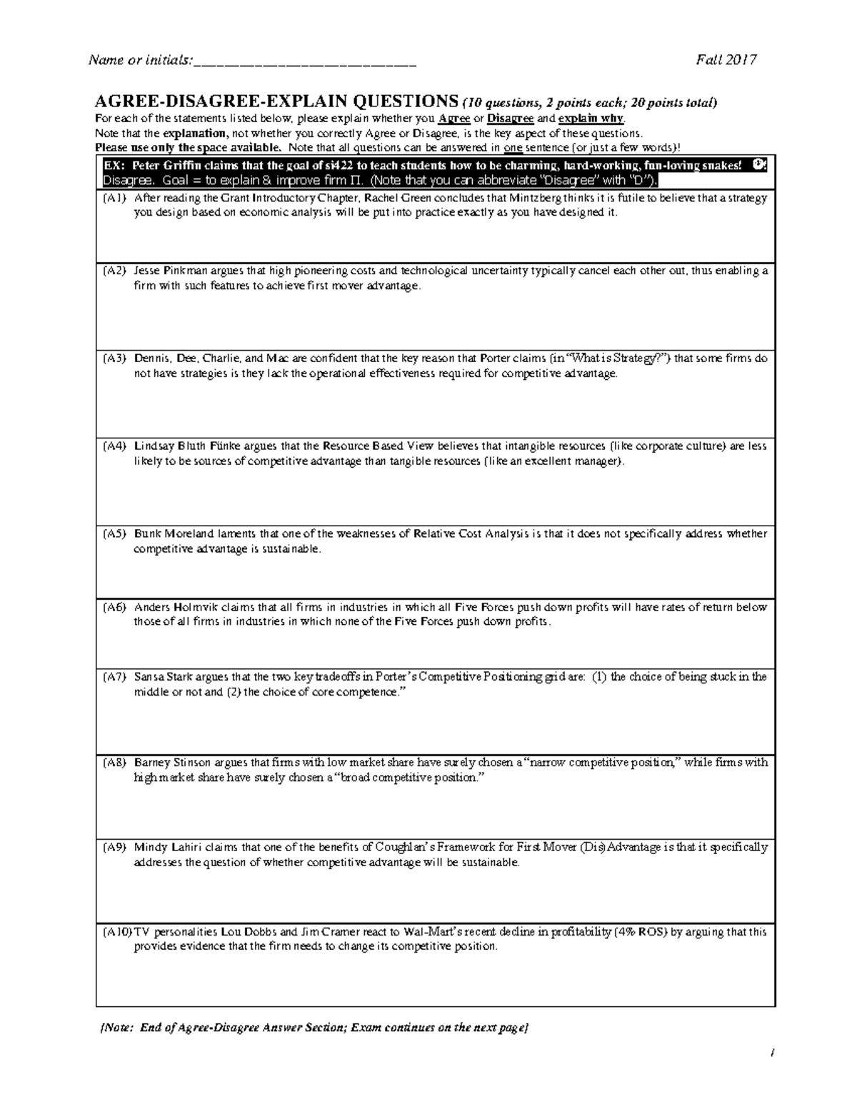 Midterm sample c - AGREE-DISAGREE-EXPLAIN QUESTIONS (10 questions, 2 ...