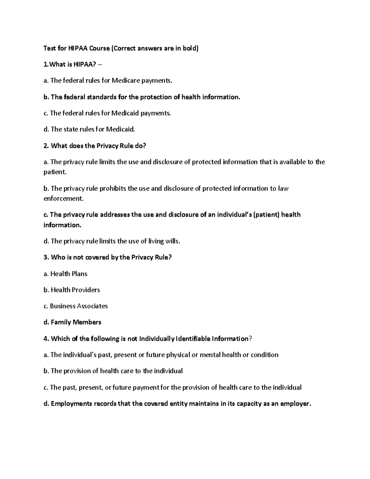Hipaa Web Course test answers - Test for HIPAA Course (Correct answers ...