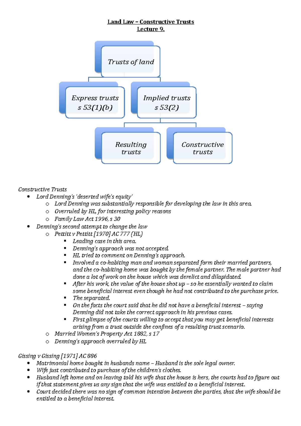 Land Law Constructive Trusts Lecture 9 - Studocu