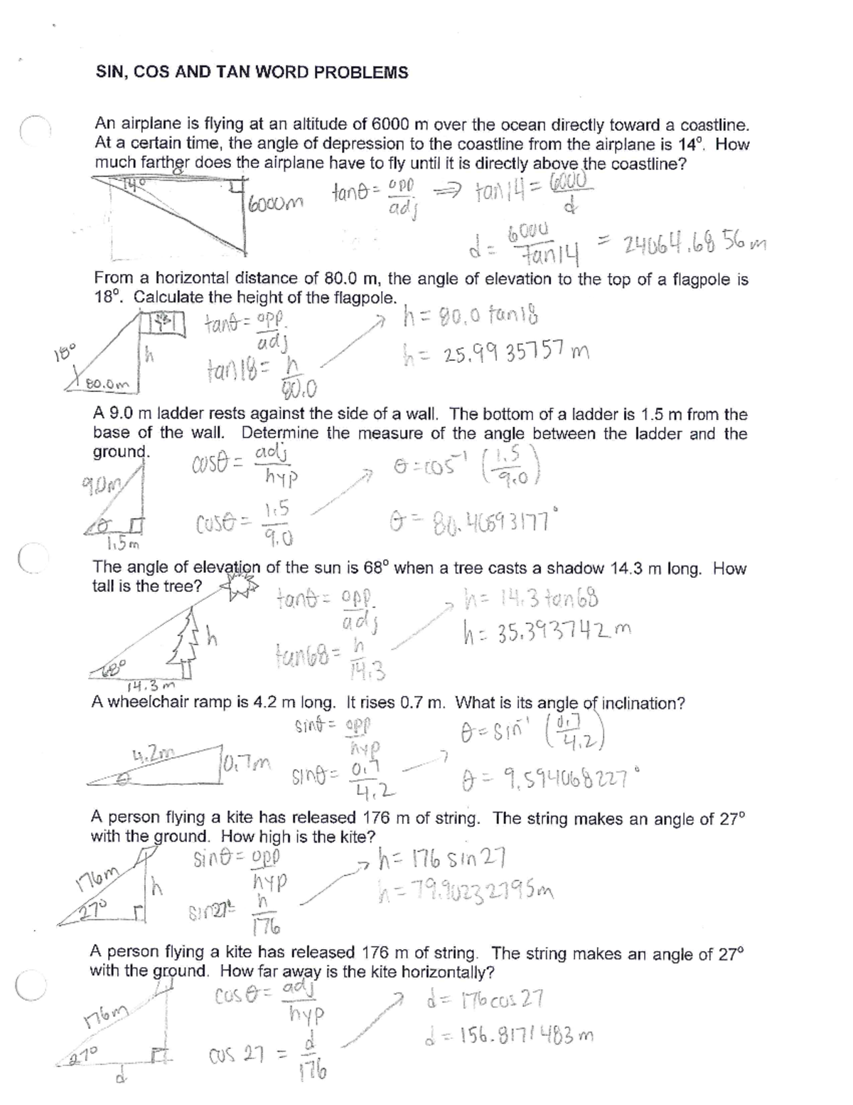 Sin cos and tan word problems answers - SIN, COS AND TAN WORD PROBLEMS ...