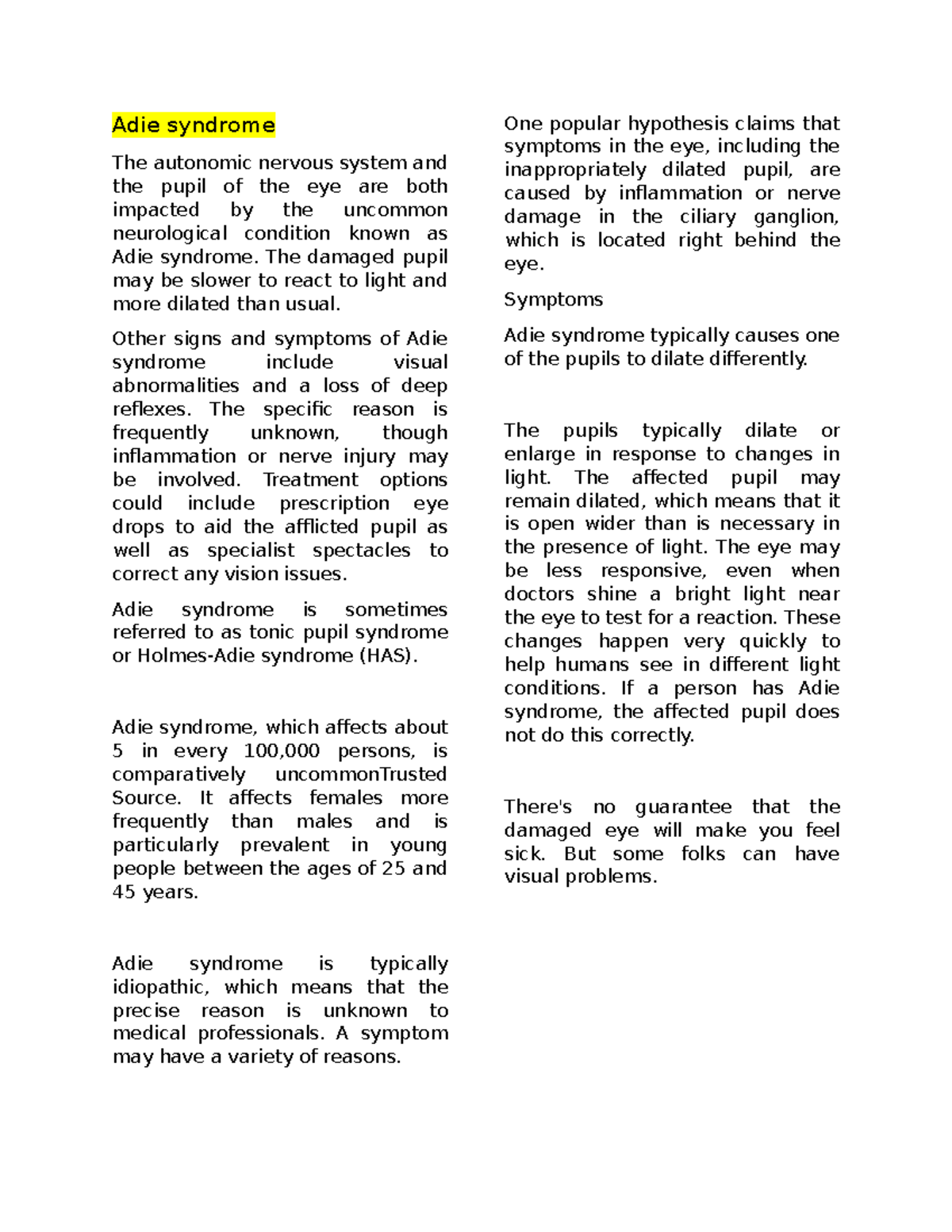 Adie syndrome - Adie syndrome The autonomic nervous system and the ...