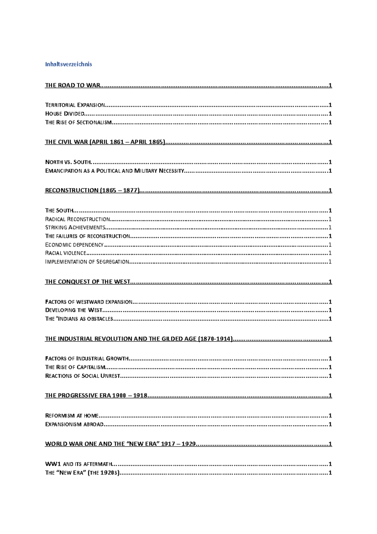 US History from the Civil War until World War One - Inhaltsverzeichnis ...