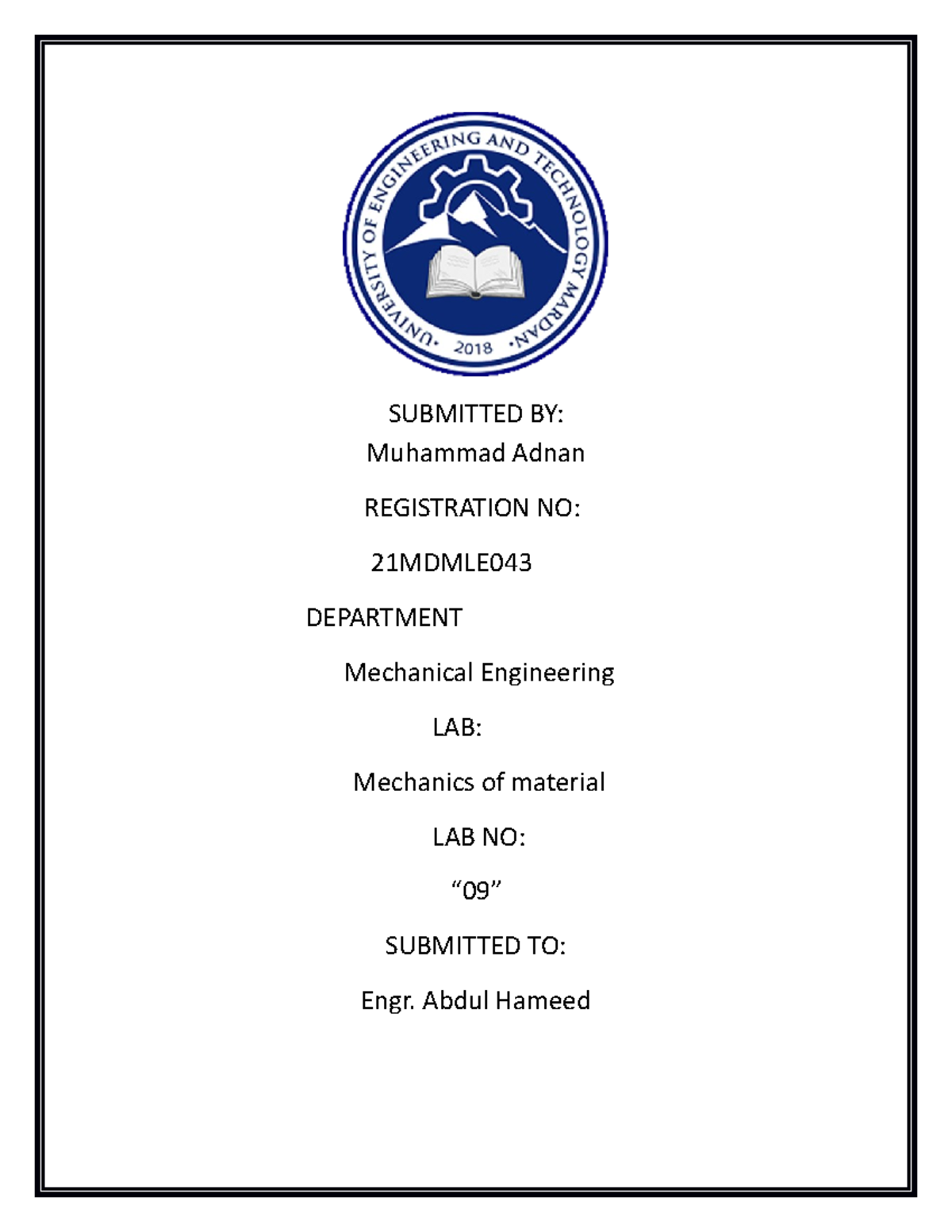 Lab 09 - aaa - SUBMITTED BY: Muhammad Adnan REGISTRATION NO: 21MDMLE ...