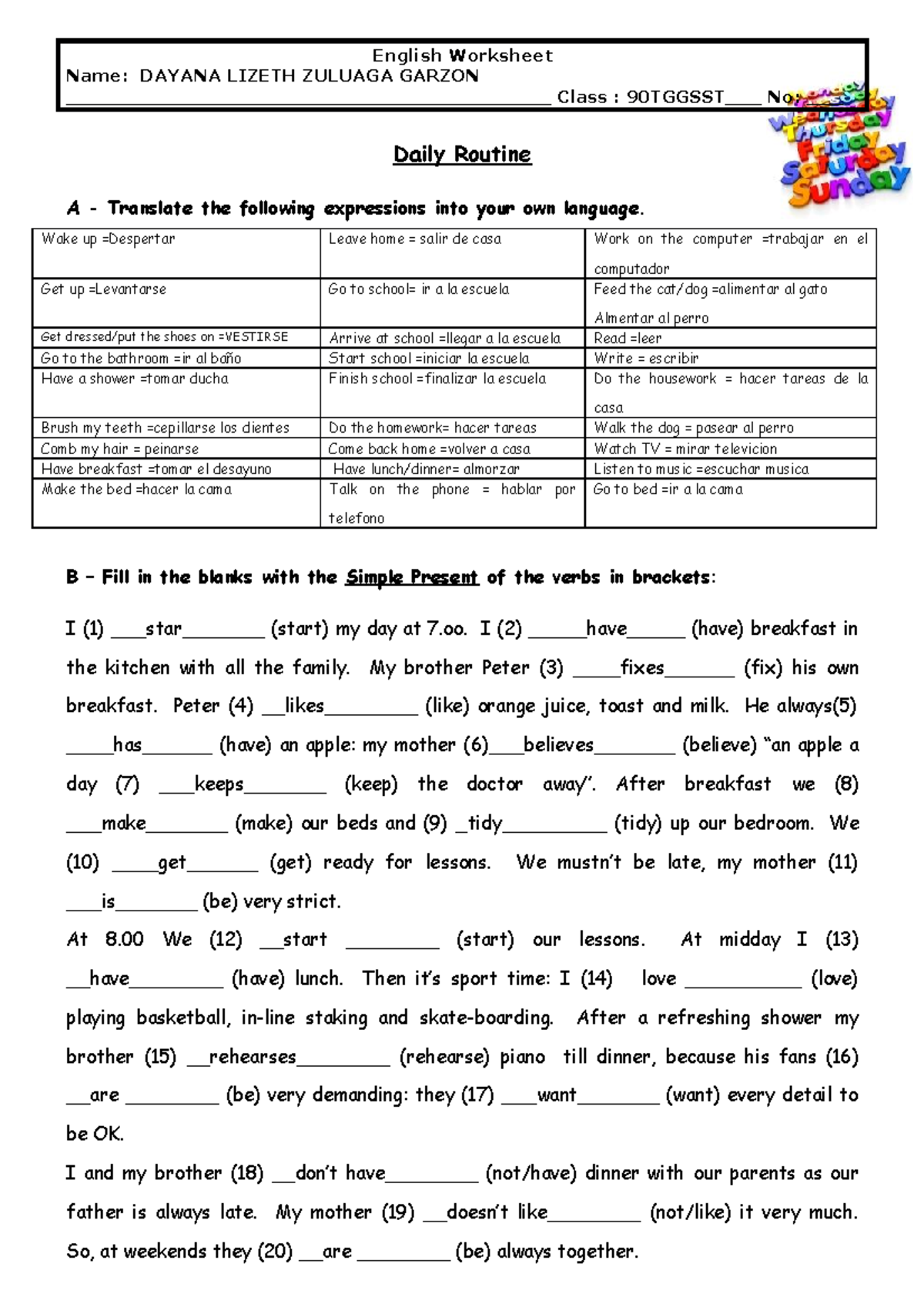 Dailyn routinen - English Worksheet Name: DAYANA LIZETH ZULUAGA GARZON ...