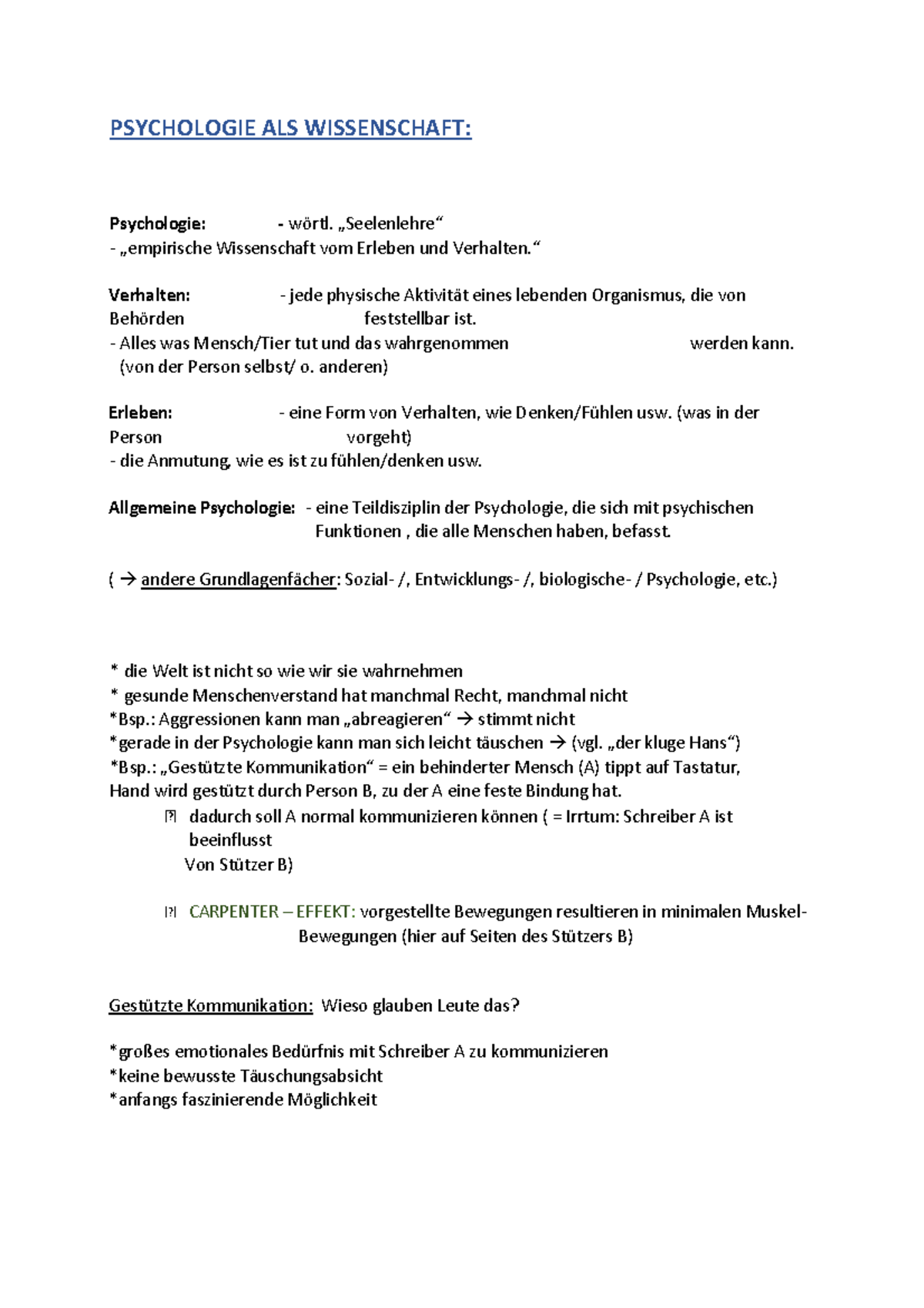 Fertige Zusammenfassung Psychologie - Psychologie I: Allgemeine Psychologie - FHWS - Studocu