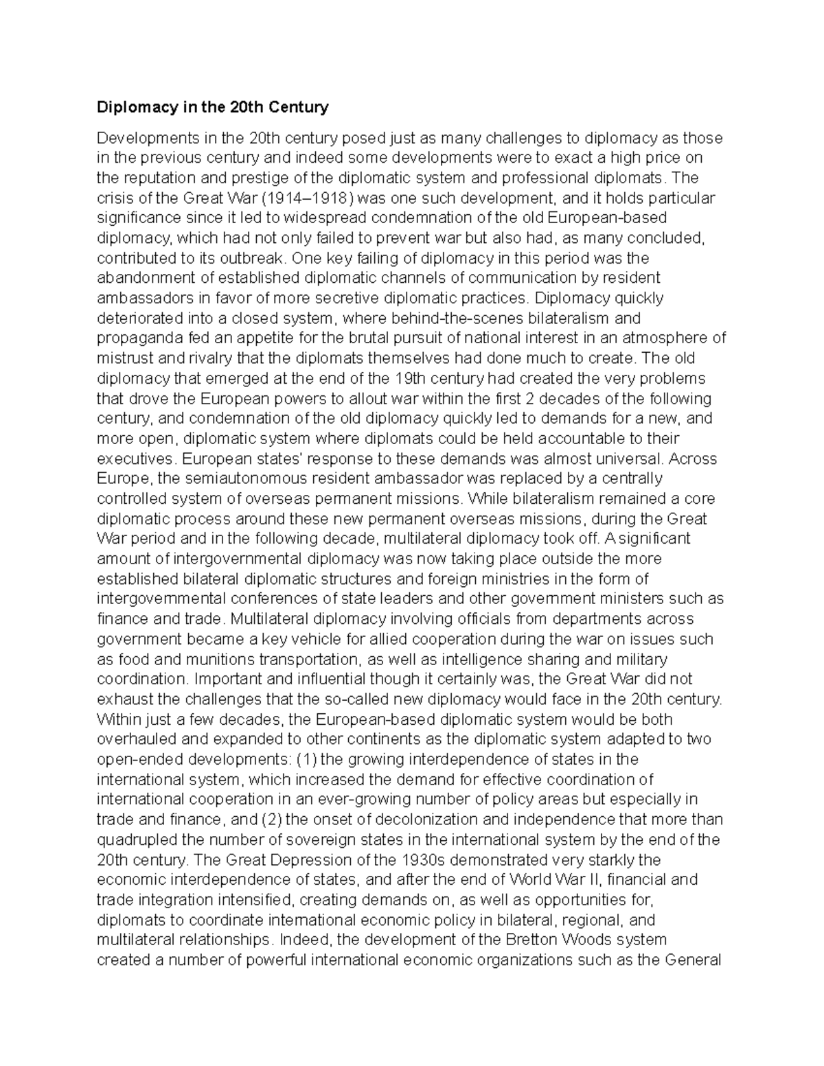 Diplomacy in the 20th Century - Diplomacy in the 20th Century ...