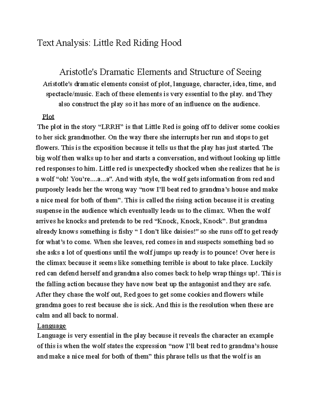 Text Analysis Essay - Text Analysis: Little Red Riding Hood Aristotle's ...