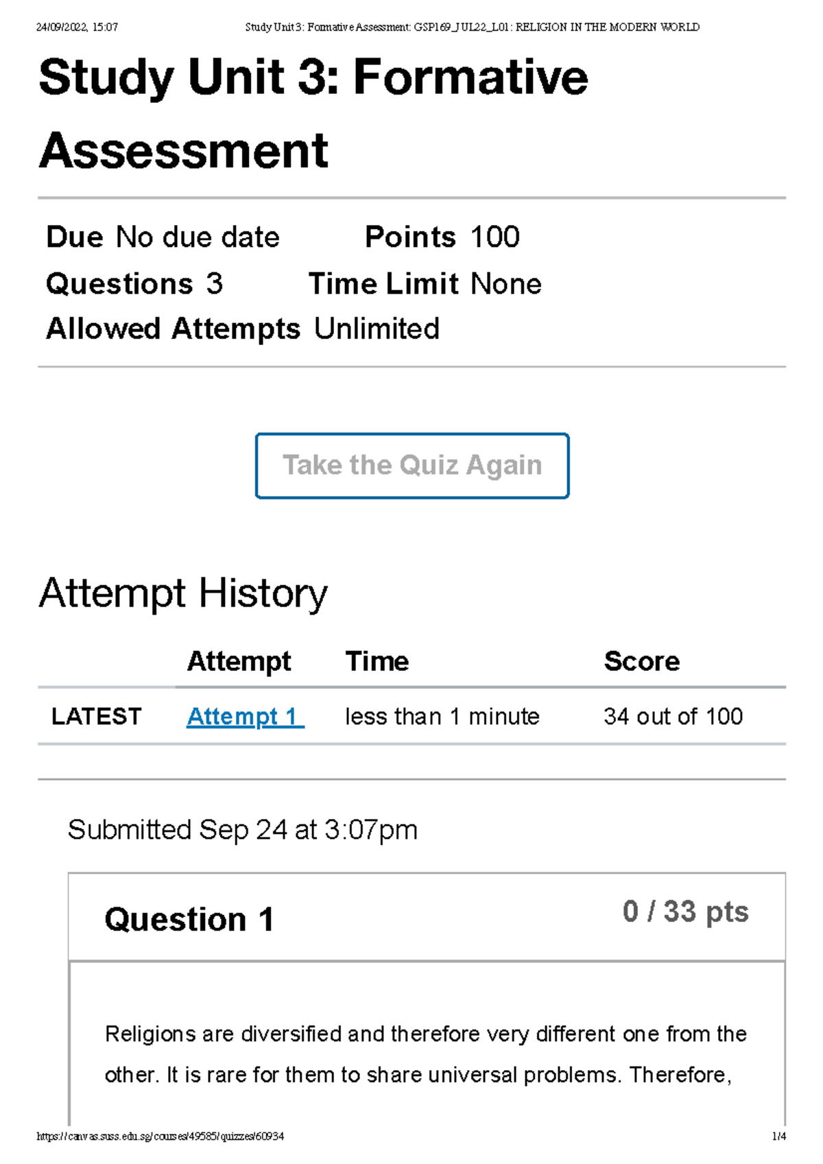 Study Unit 3 Formative Assessment GSP169 JUL22 L01 Religion IN THE ...