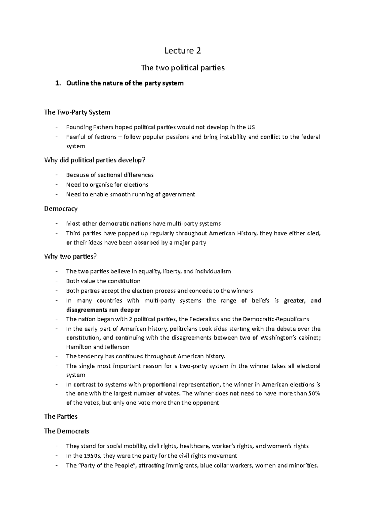 Lecture 2, Political Parties - Lecture 2 The two political parties 1 ...