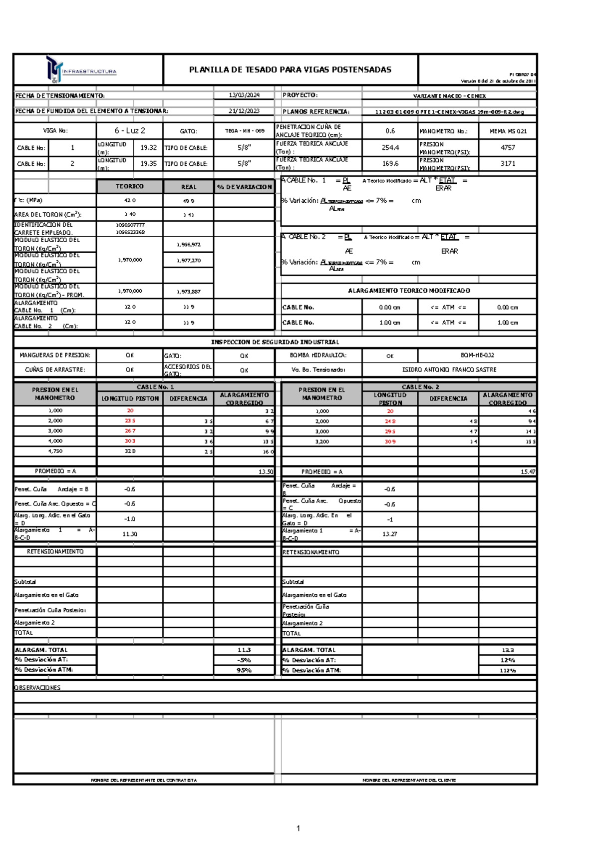 FOBR-09 Planilla DE Tesado - Vigas 6 - LUZ 2 - 13/03/2024 PROYECTO: 21 ...