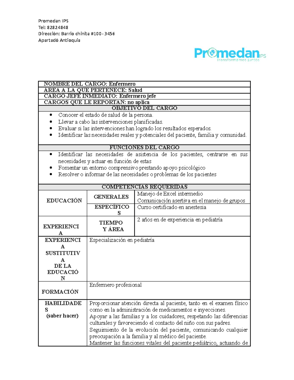 Perfil de cargo - Promedan IPS Tel: 82824848 Dirección: Barrio chinita ...