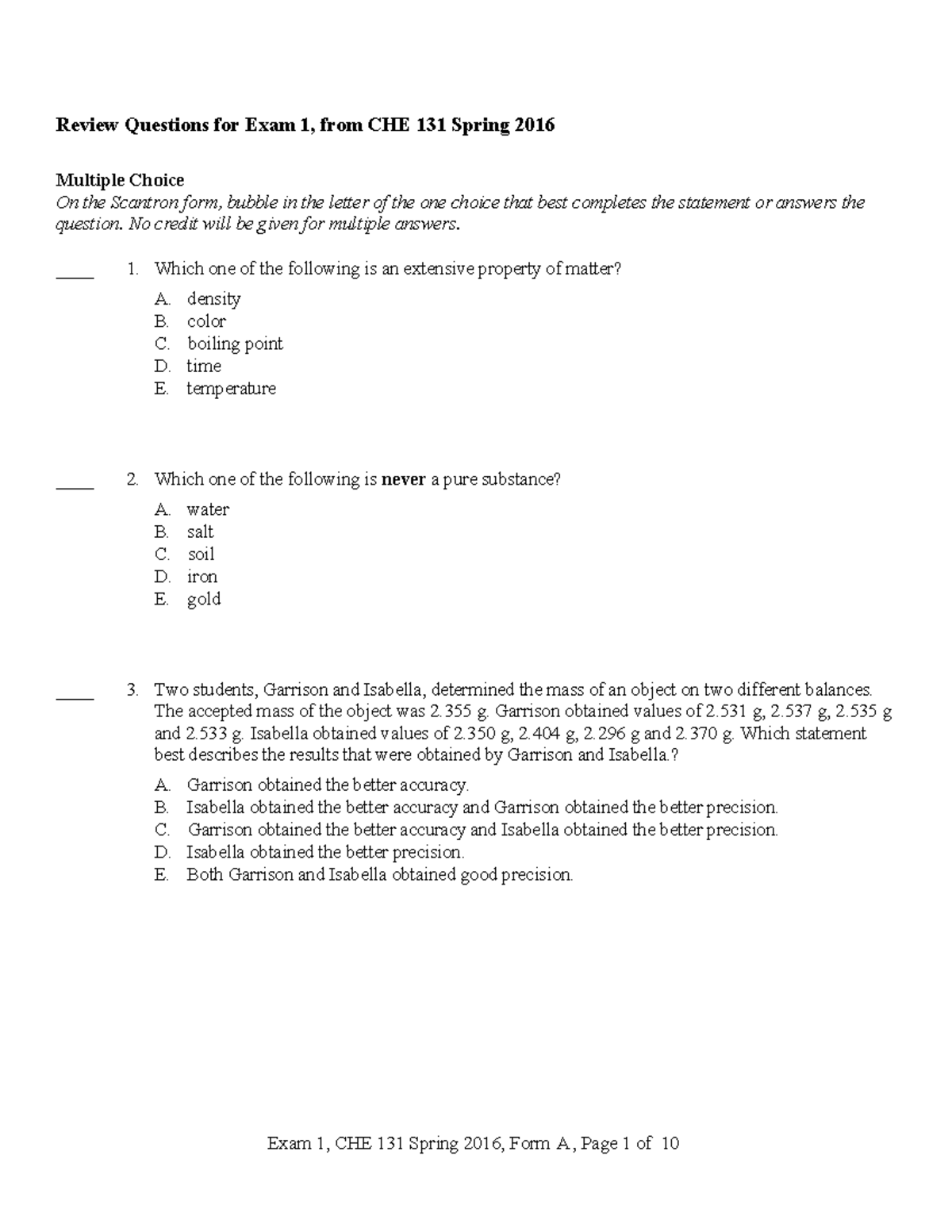 Review Exam 1, From Spring 2016 - Review Questions for Exam 1, from CHE ...