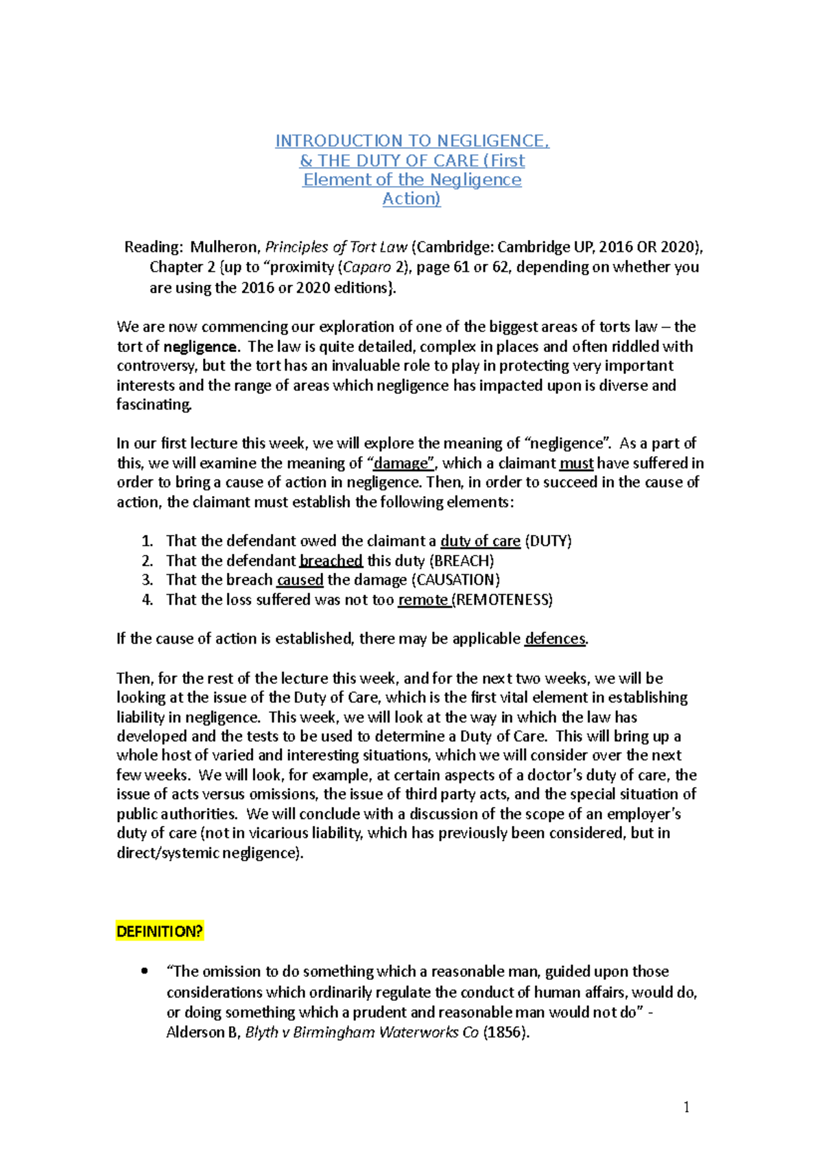 1. Negligence - Intro AND DOC - INTRODUCTION TO NEGLIGENCE, & THE DUTY ...