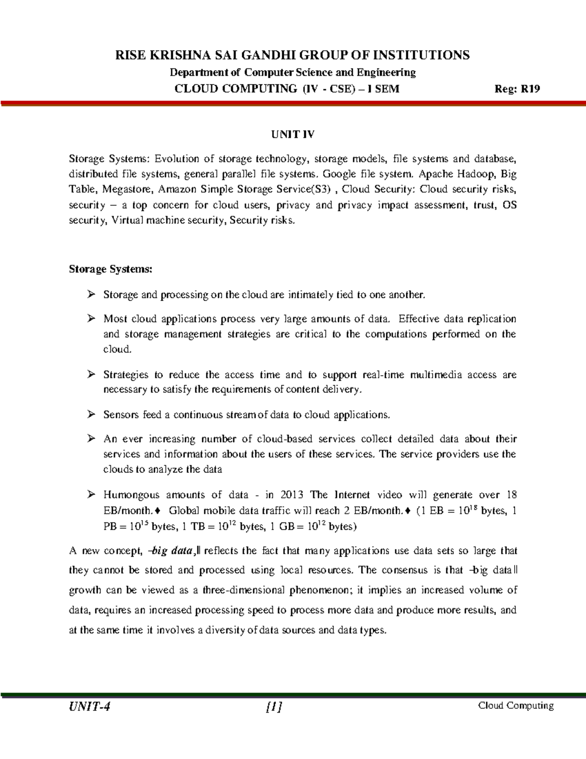 Cloud Computing UNIT-4 - RISE KRISHNA SAI GANDHI GROUP OF INSTITUTIONS Department of Computer ...
