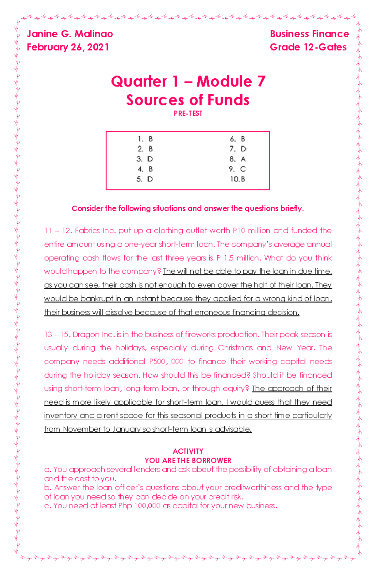 Business Finance Module 7 - Quarter 1 – Module 7 Sources of Funds PRE ...