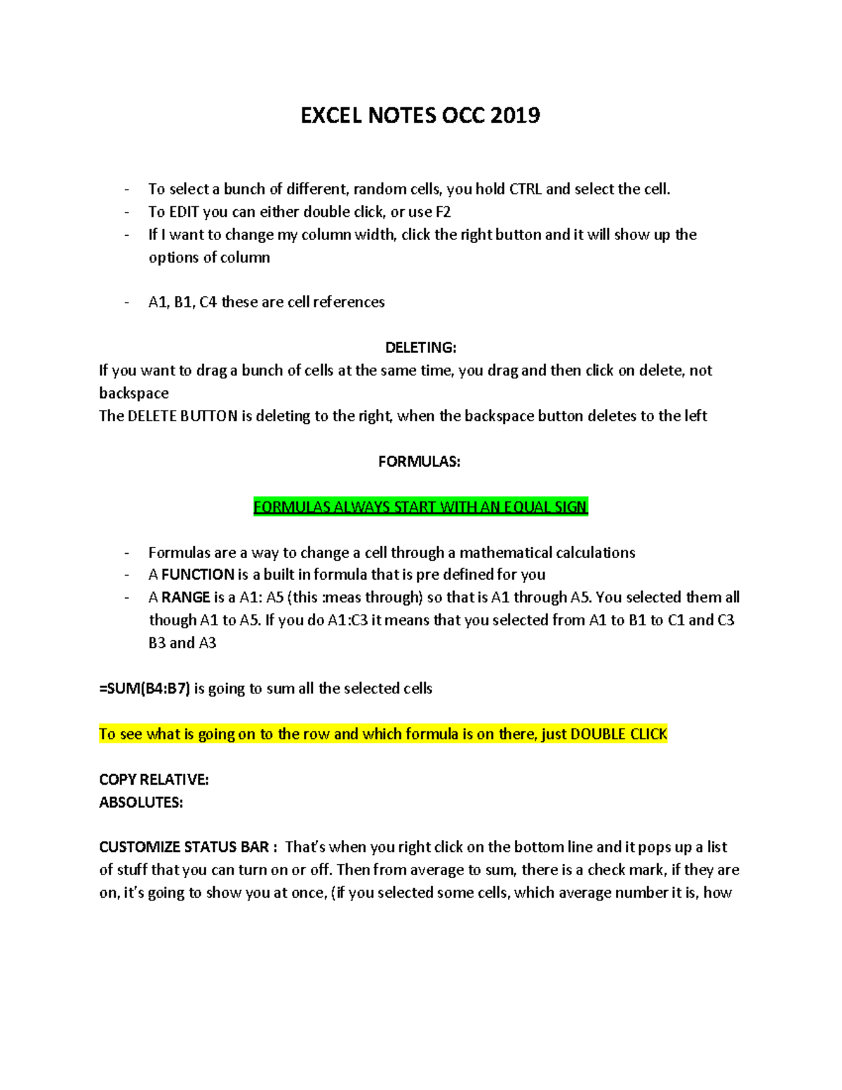 Excel Notes occ 2019 - EXCEL NOTES OCC 2019 To select a bunch of ...