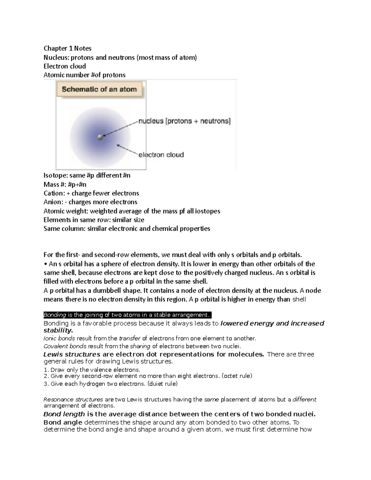 Chapter 1 Notes - Organic Chemistry - Chapter 1 Notes Nucleus: protons ...
