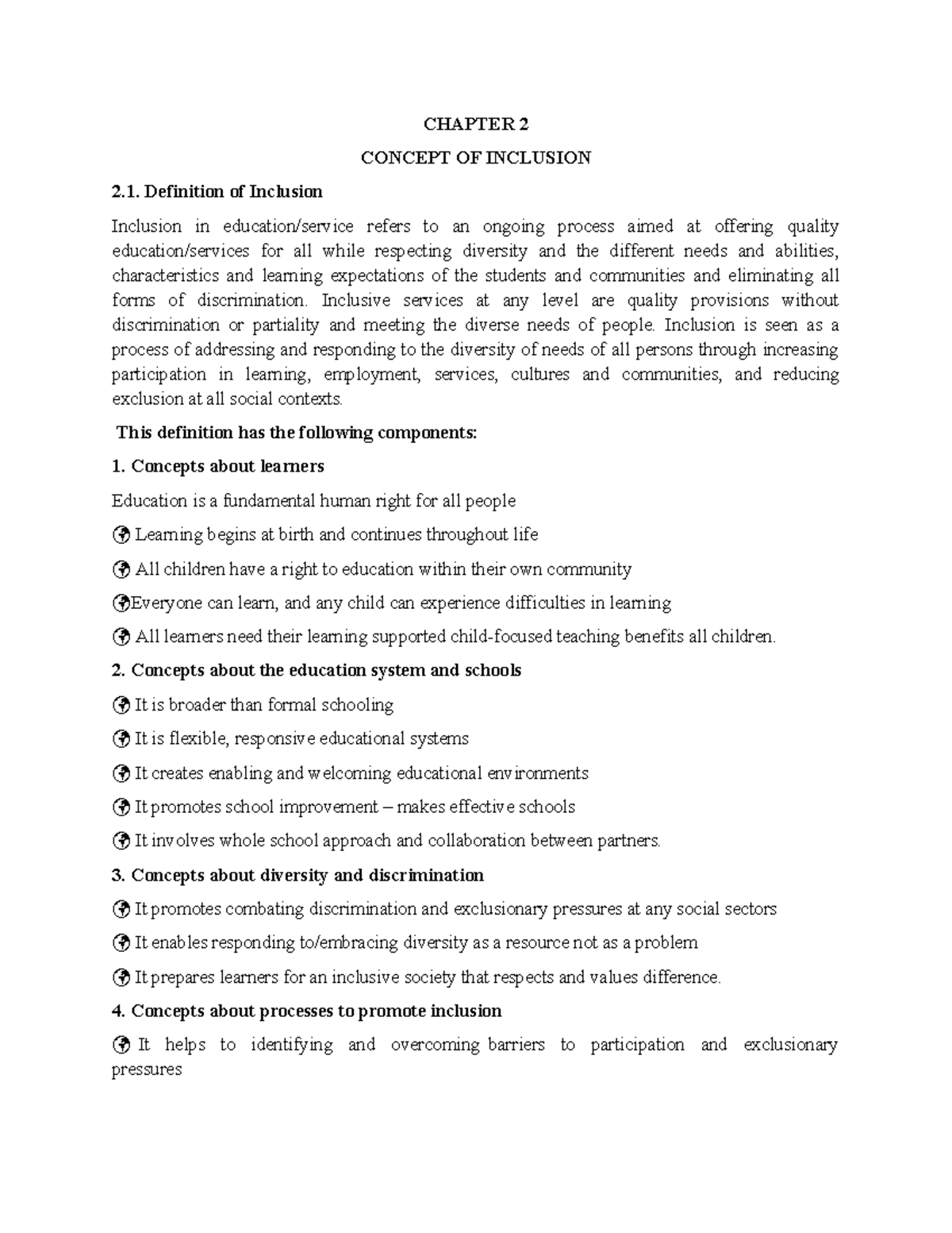 Inclusiveness - CHAPTER 2 CONCEPT OF INCLUSION Definition of Inclusion Inclusion in - Studocu