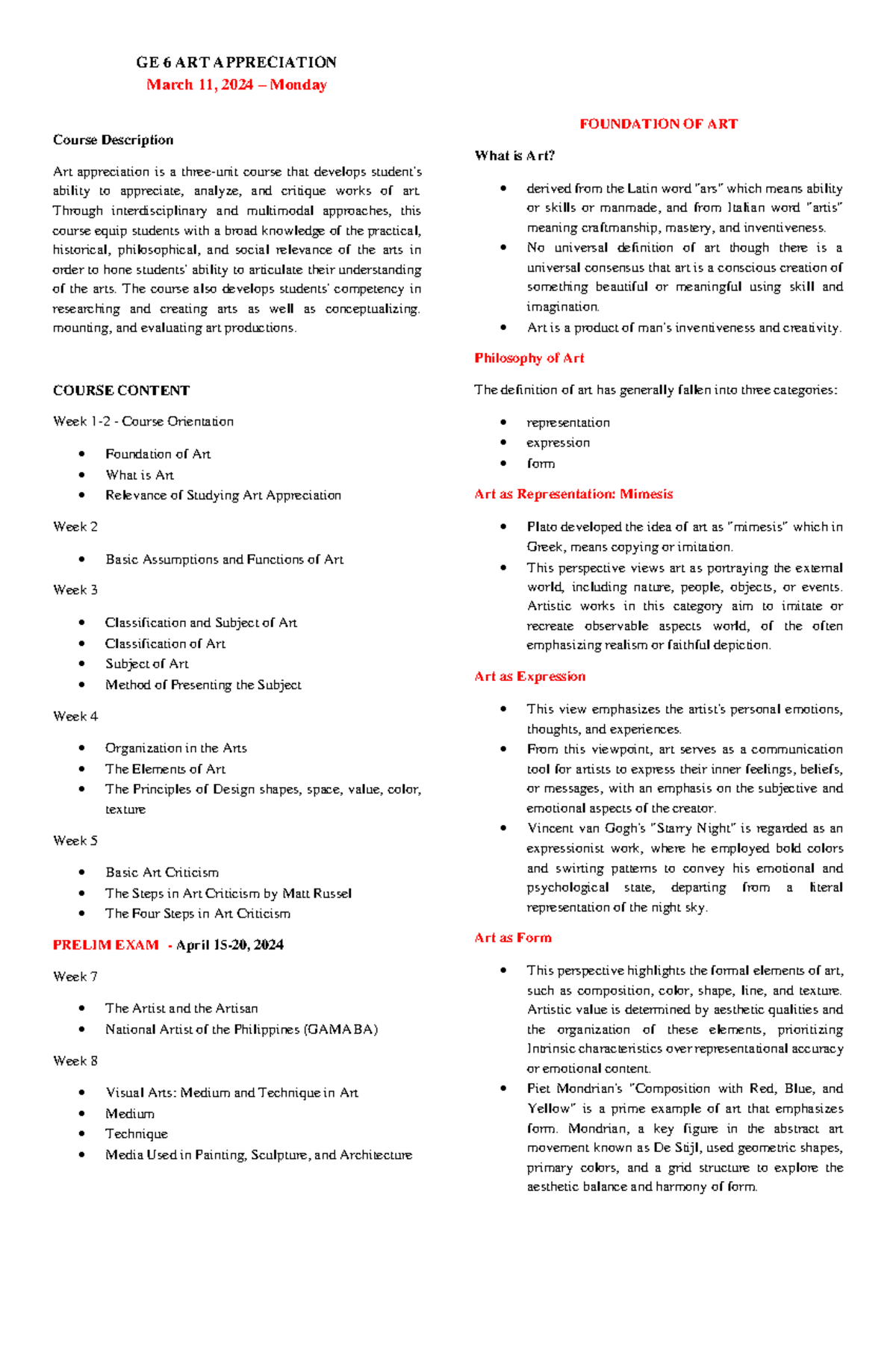 GE 6 ART Appreciation - GE 6 ART APPRECIATION March 11, 2024 – Monday Course Description Art ...