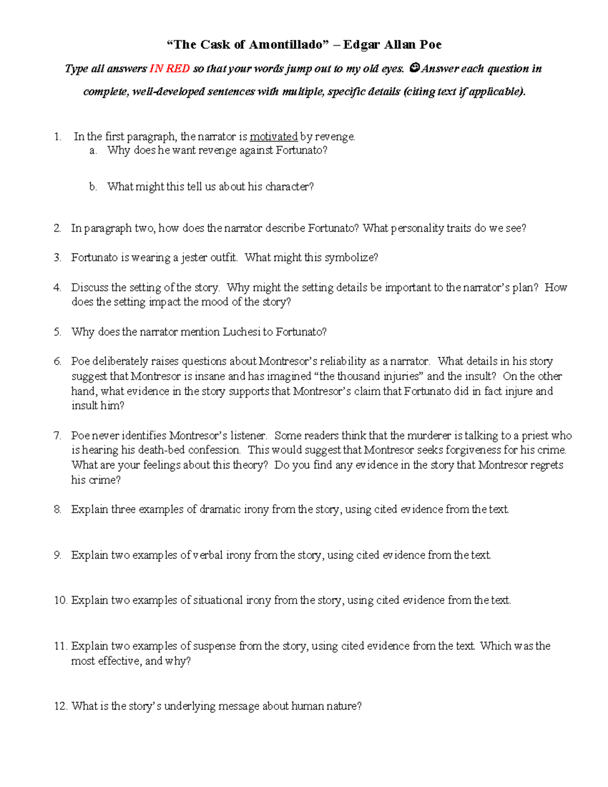 The Cask of Amontillado Post-Reading Questions - “The Cask of ...