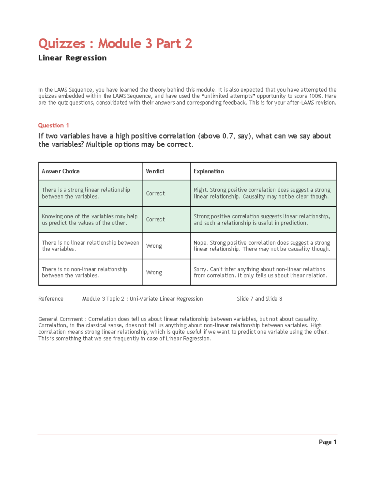 Mod3 Part2 - Quizzes : Module 3 Part 2 Linear Regression In the LAMS Sequence, you have learned ...