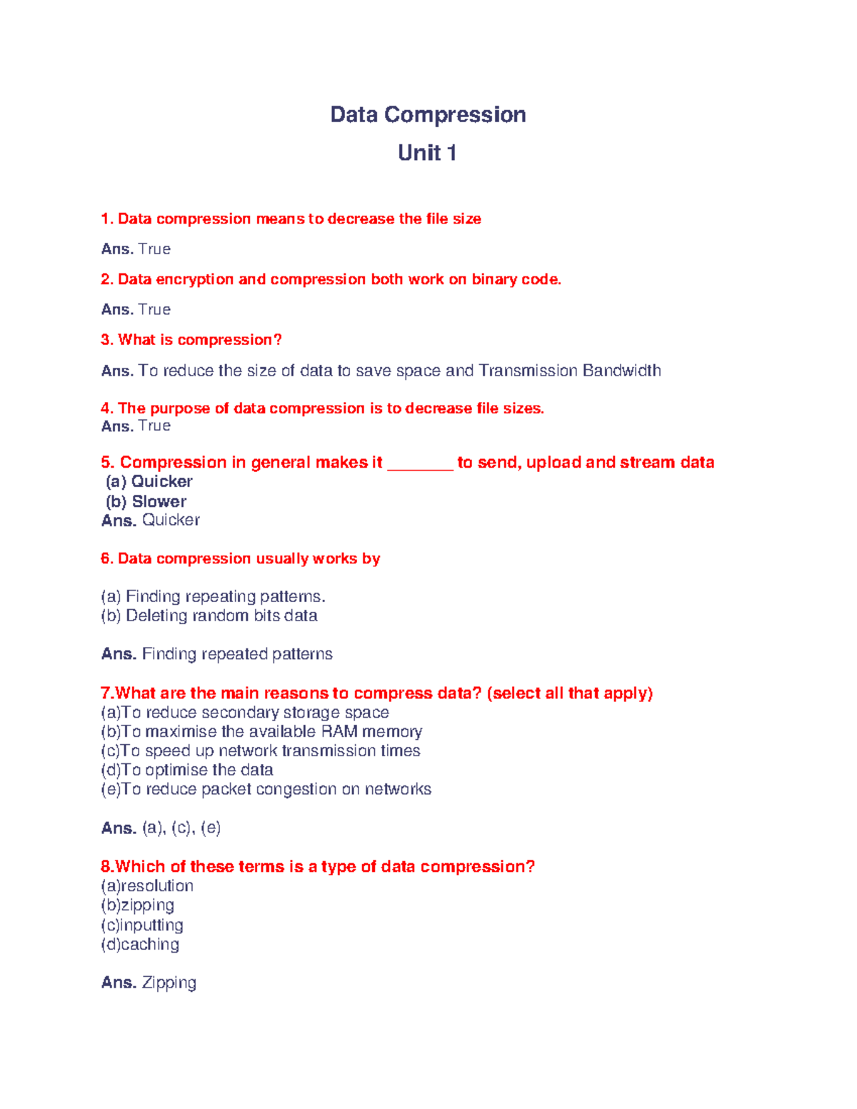 Data Compression Unit 1 MCQ - Data Compression Unit 1 1. Data ...