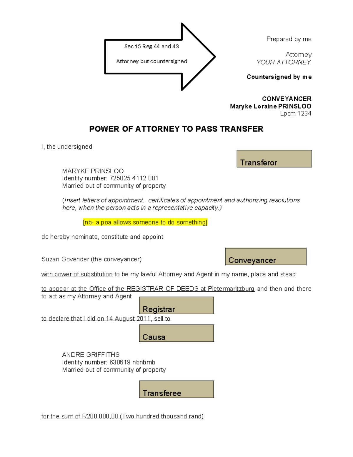Power of Attorney to Pass Transfer - Prepared by me Attorney YOUR ...