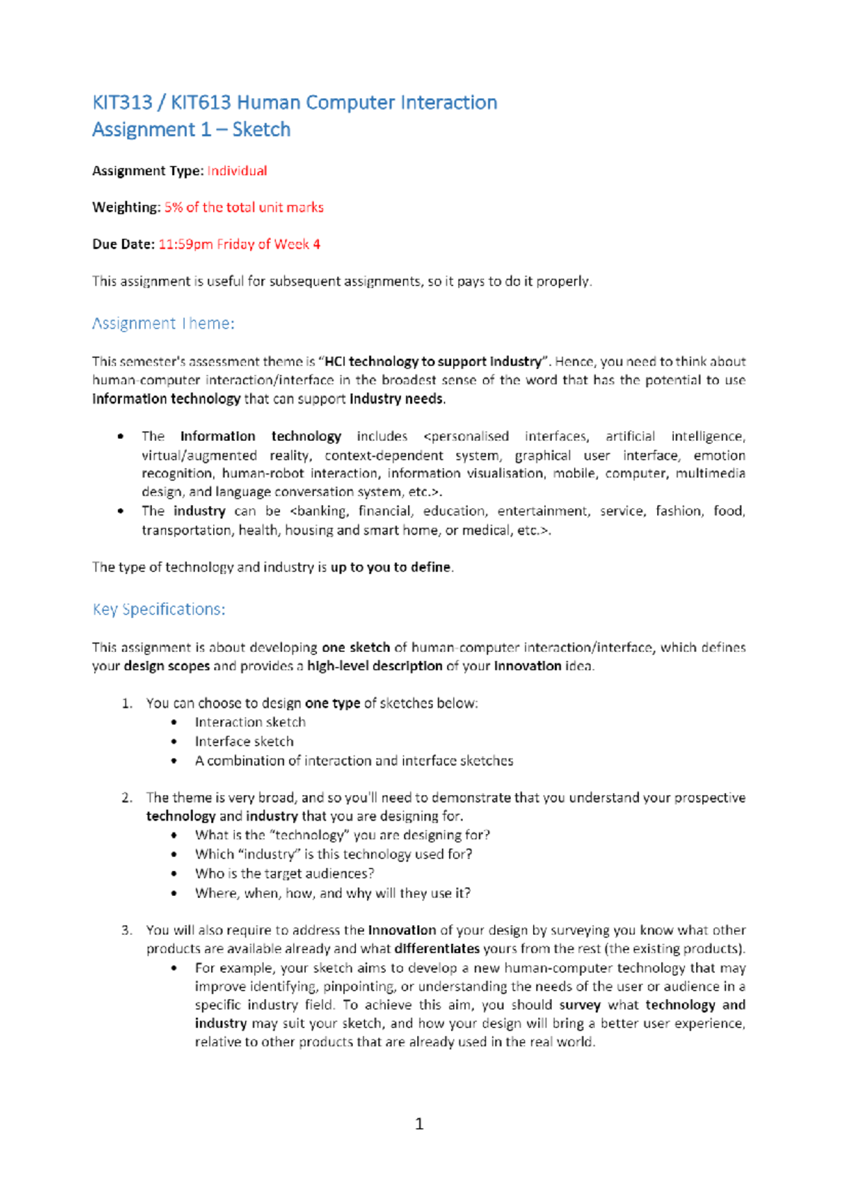Assignment 1 - Sketch [2021] - KIT313 KIT613 Human Computer Interaction and Human Computer - Studocu