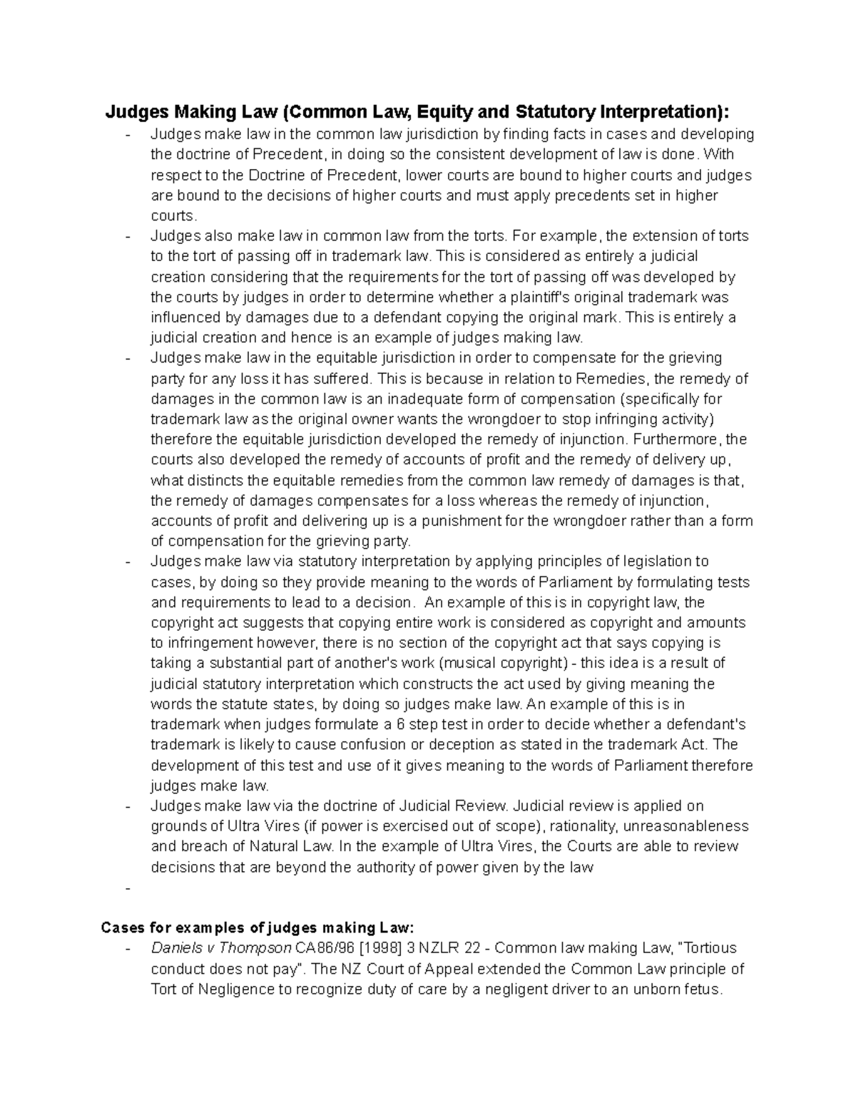 LAWS 121 Exam Cheat Sheet - Judges Making Law (Common Law, Equity and ...