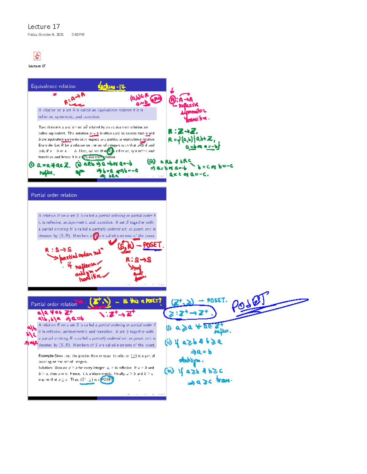 Lecture 17 - discrite mathmatics - Lecture 17 Friday, October 8, 2021 3:40 PM oe DOF Lecture 17 ...