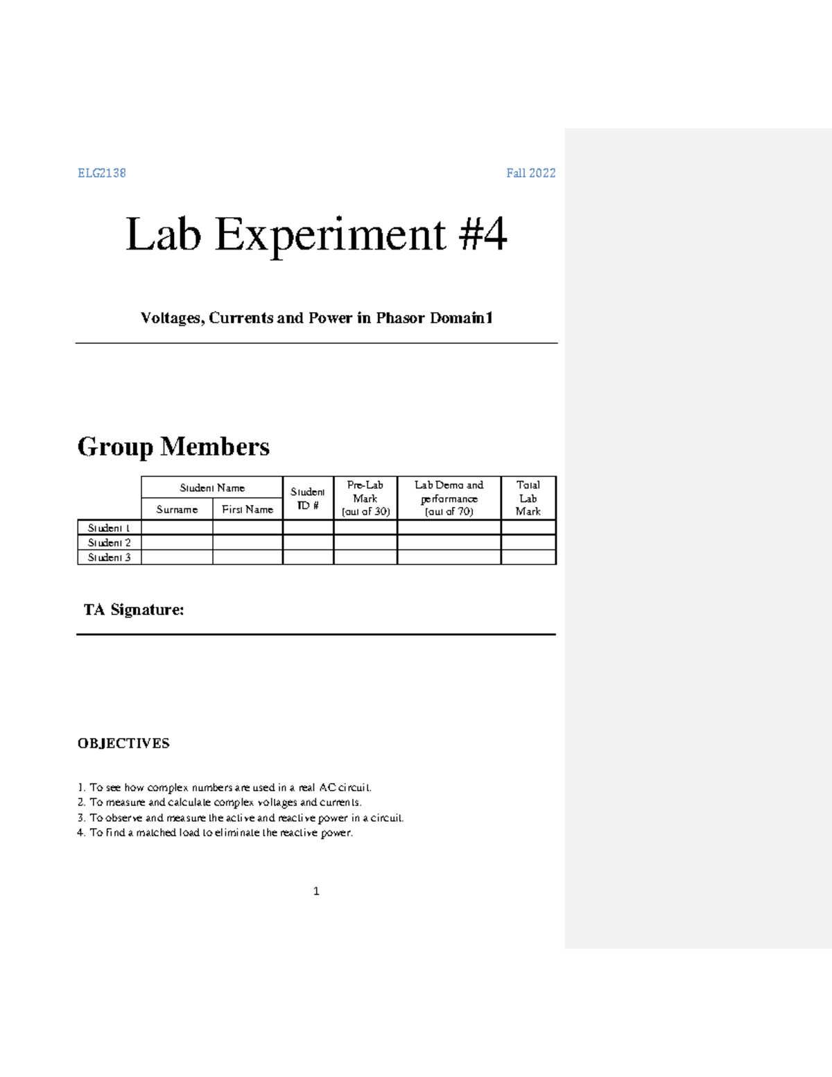 Lab 4 Manual-ELG 2138-F2022 - Lab Experiment # 4 Voltages, Currents and Power in Phasor Domain ...