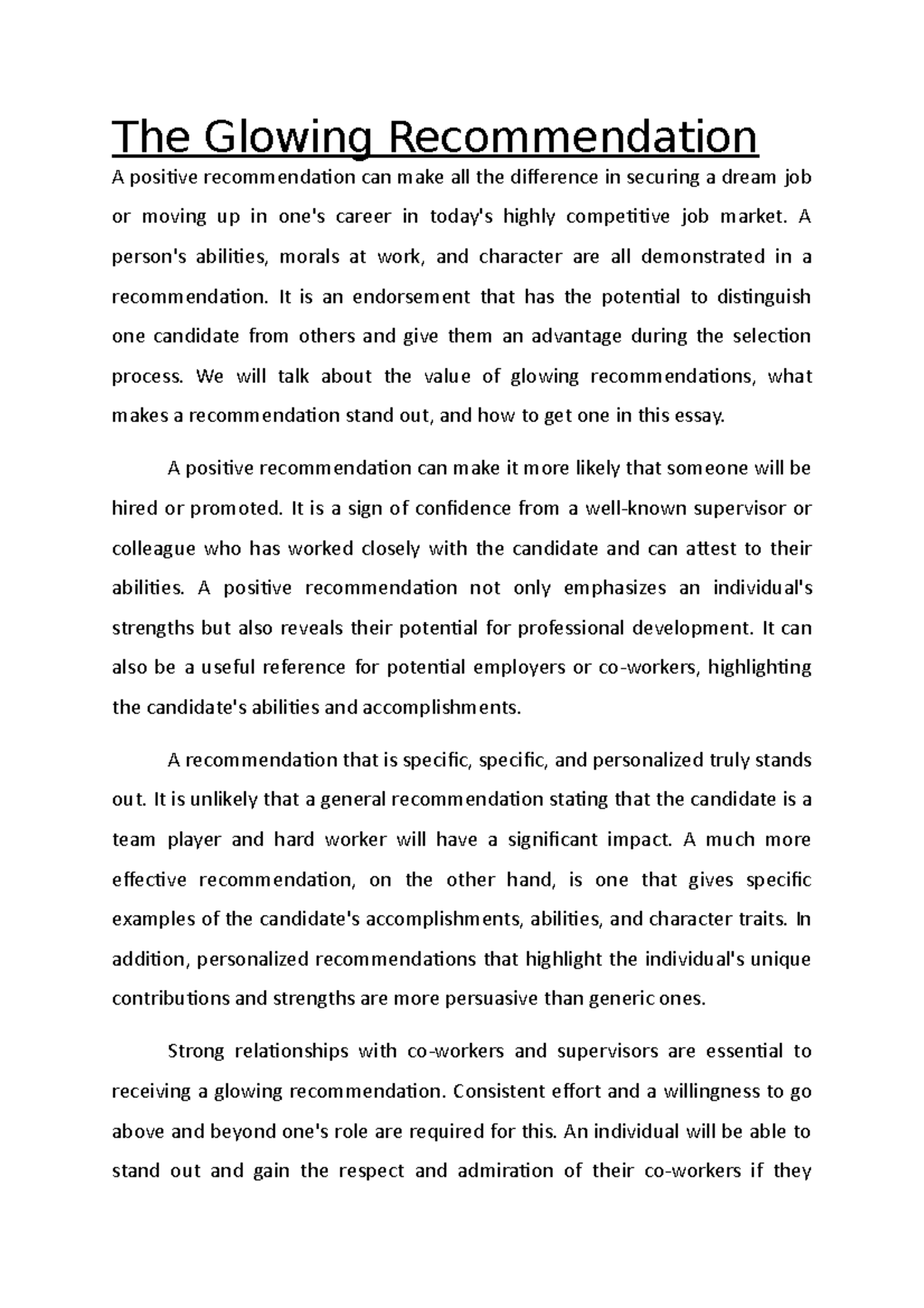 The Glowing Recommendation - A person's abilities, morals at work, and ...