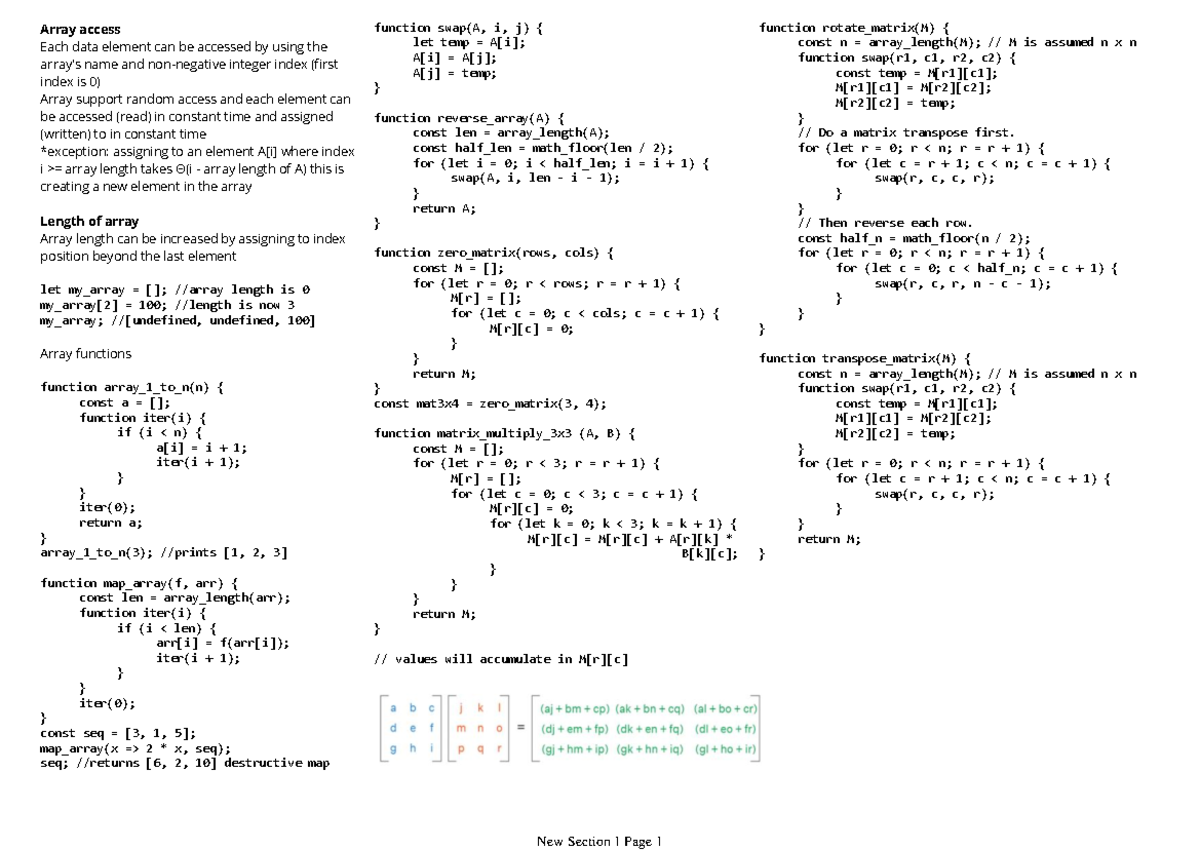Array Access Cheatsheet Used For Pa Array Access Each Data Element