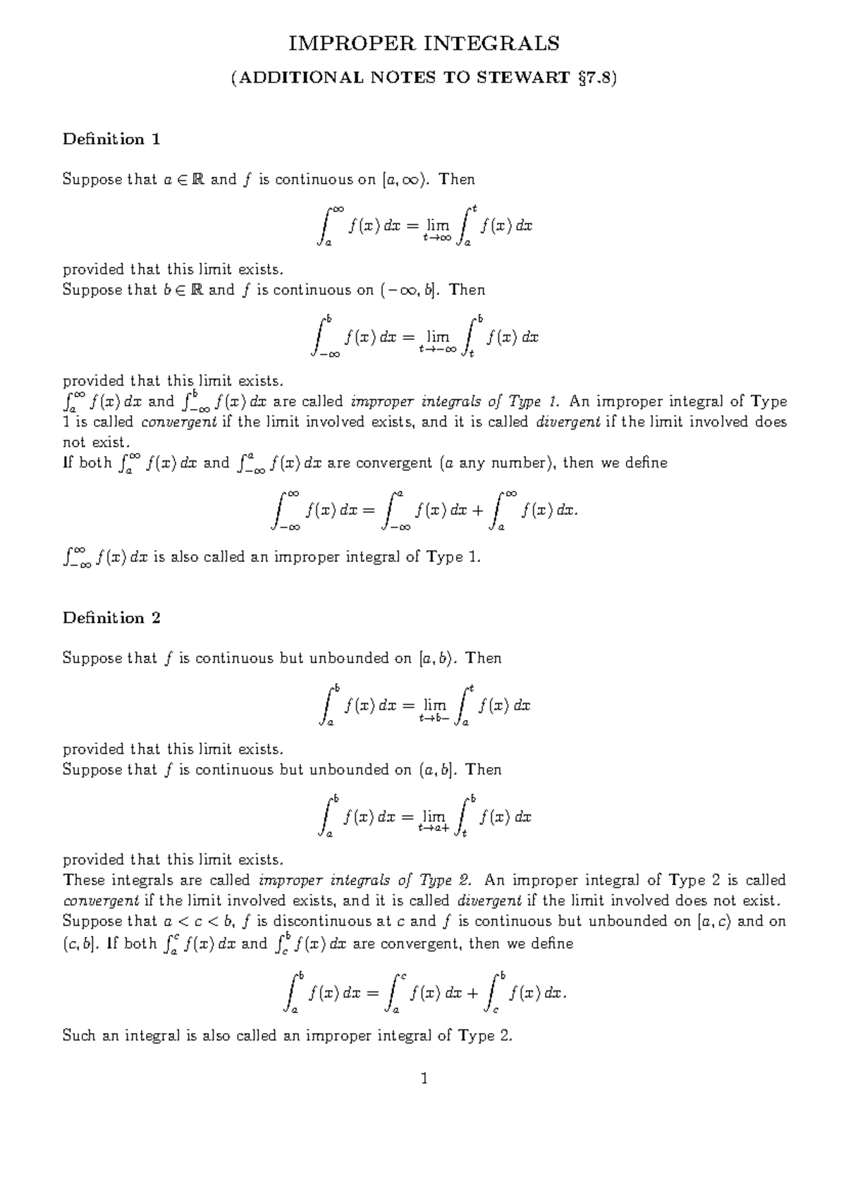 Analysis: Improper Integrals (Additional Notes to Stewart 7.8 ...