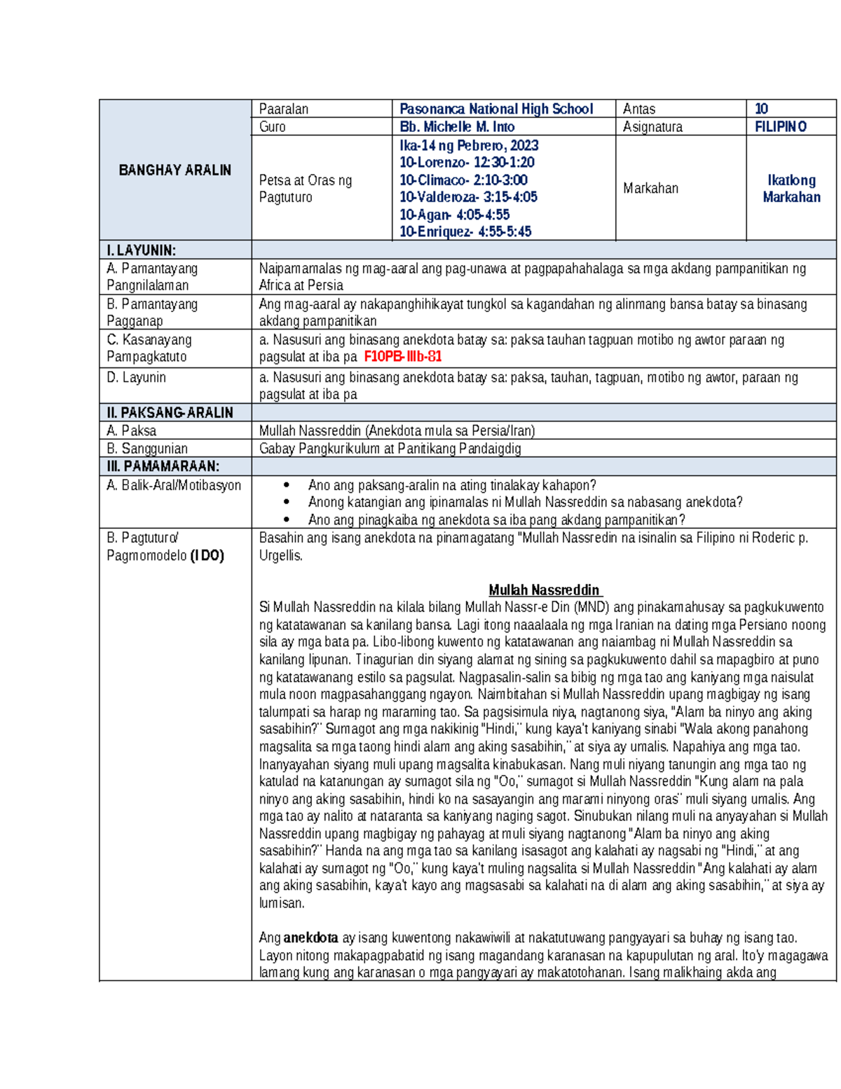 Banghay- Aralin-anekdota - BANGHAY ARALIN Paaralan Pasonanca National ...