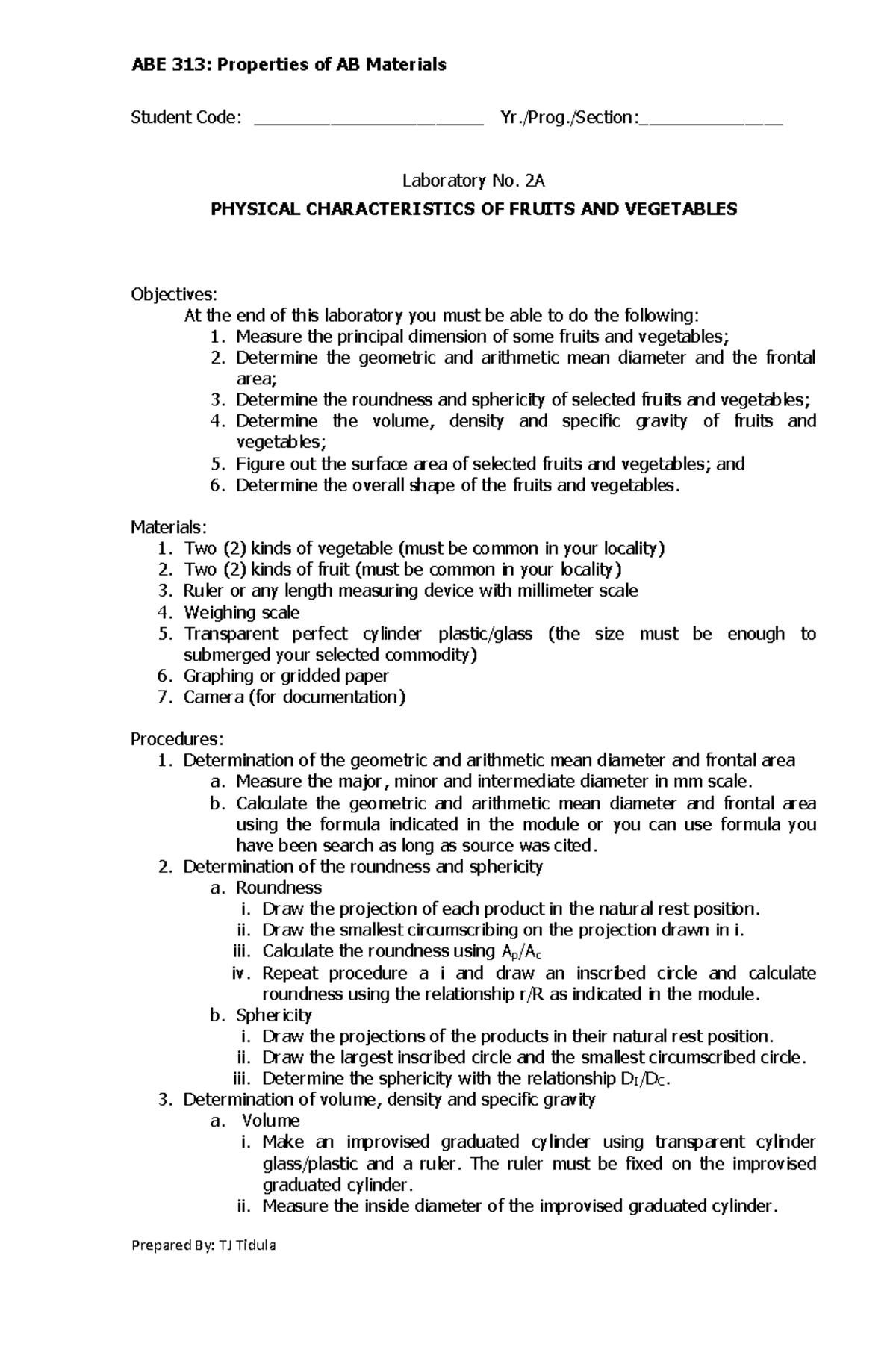 Laboratory 2A ABE 313 Guide - ABE 313: Properties of AB Materials ...