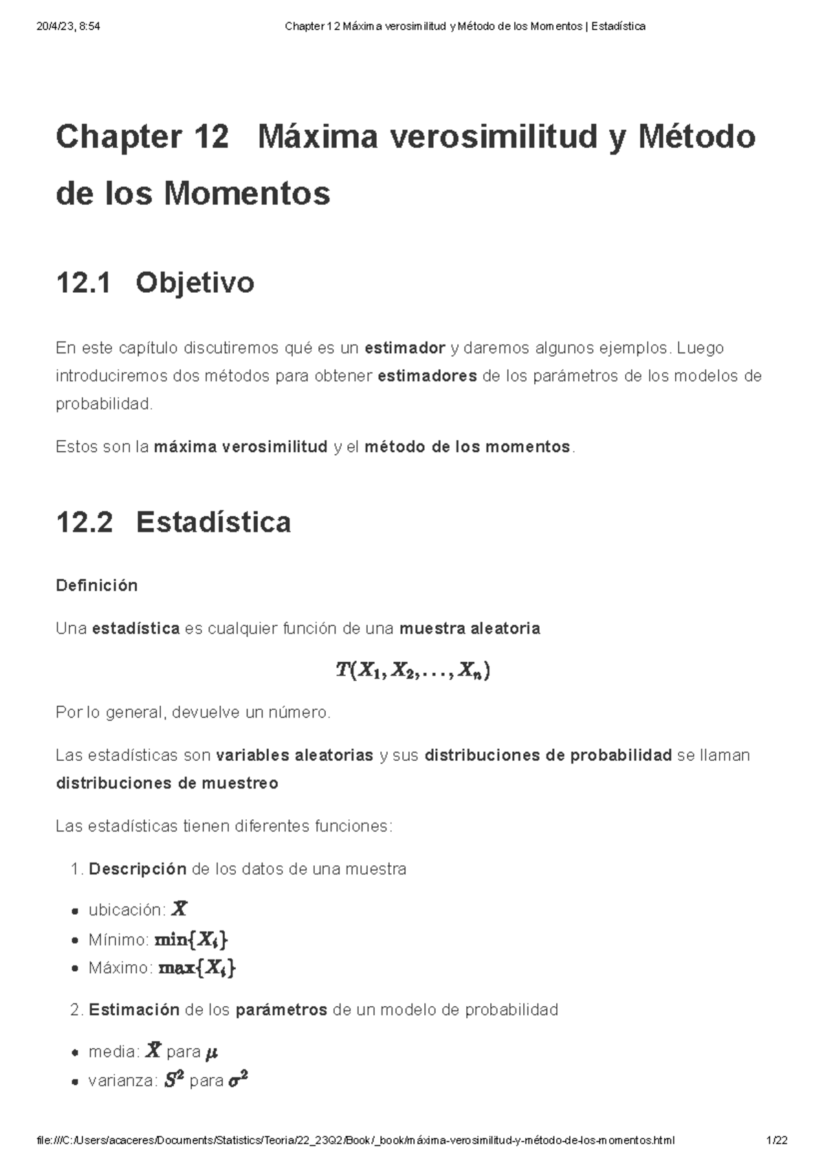 Máxima verosimilitud y Método de los Momentos - Chapter 12 Máxima verosimilitud y Método de los ...