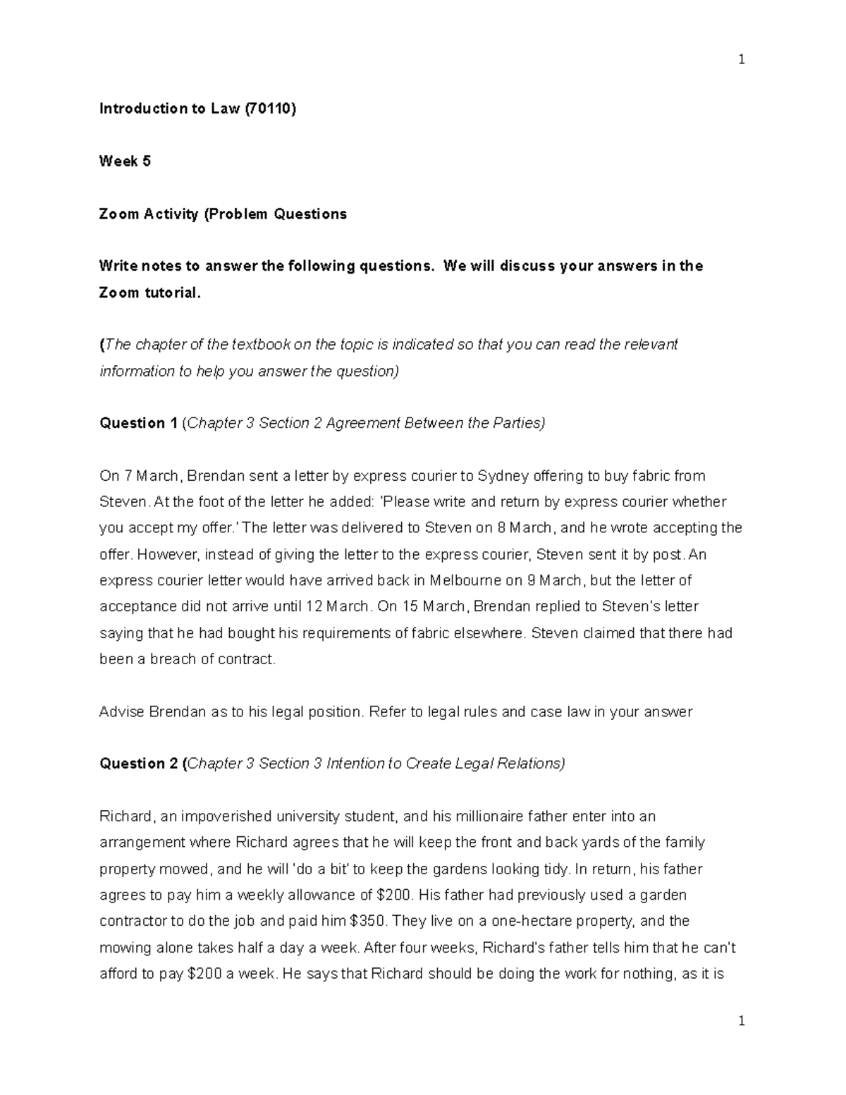 Week 4 Zoom tutorial ( problem questions). docx - 1 Introduction to Law ...