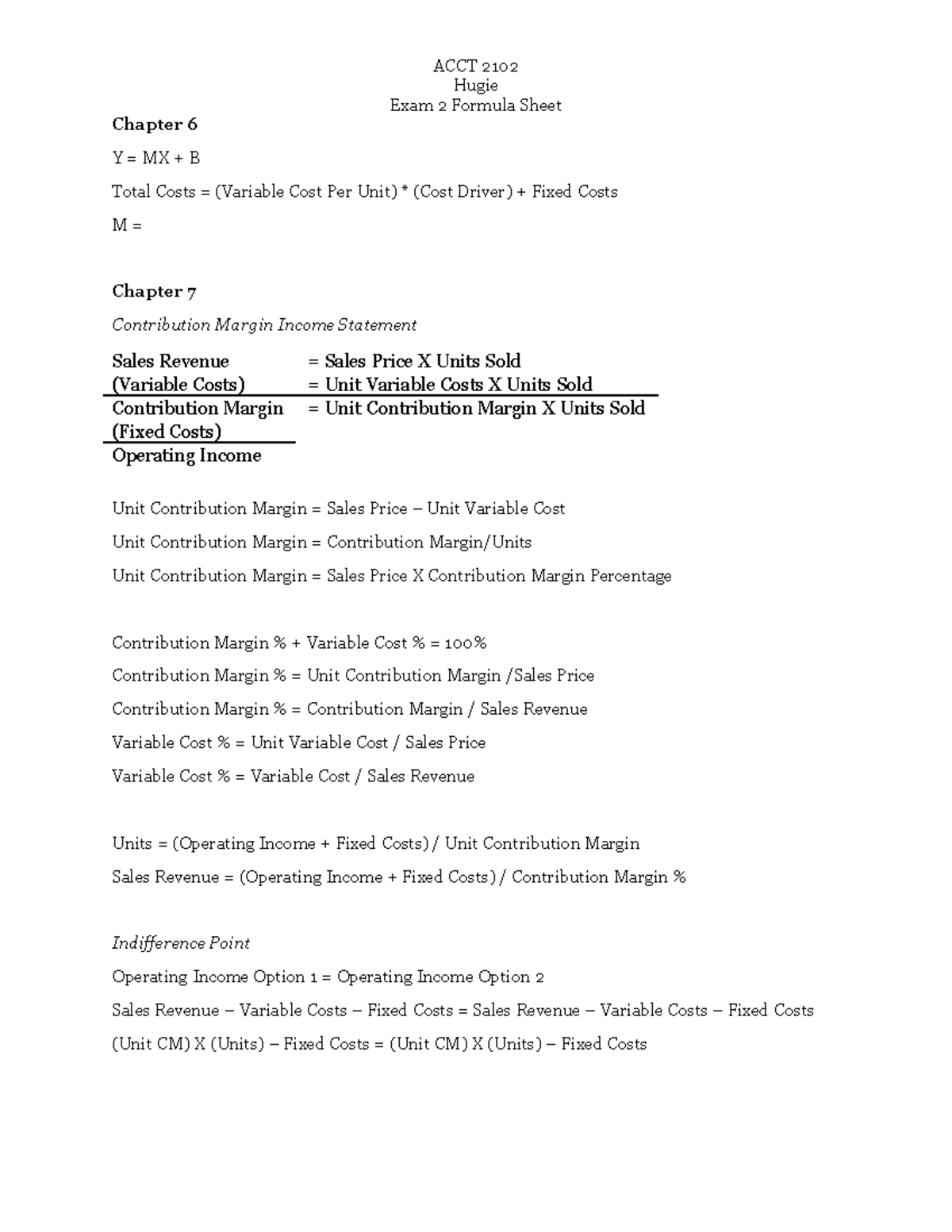 Exam 2 Formula Sheet - Hugie - Hugie Exam 2 Formula Sheet Chapter 6 Y ...