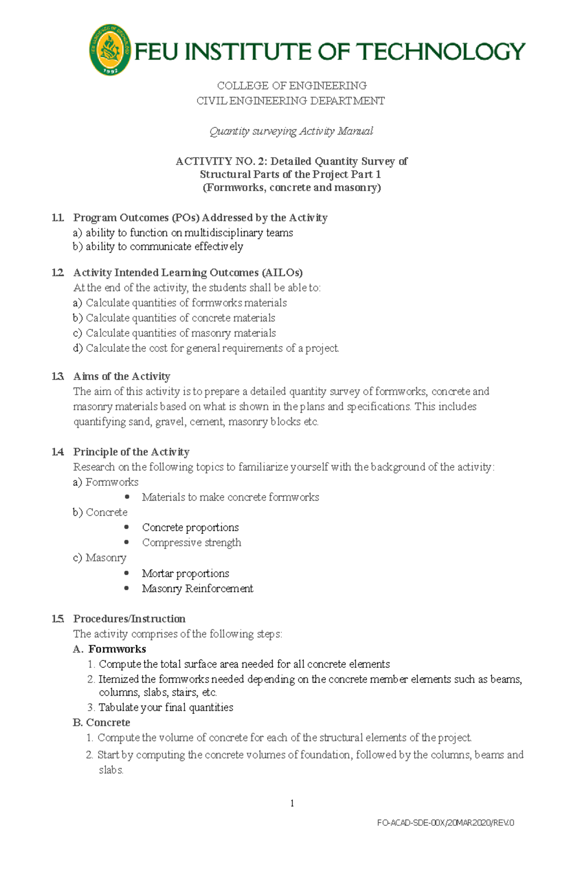 Activity No. 2 Concrete and masonry and formworks - COLLEGE OF ...