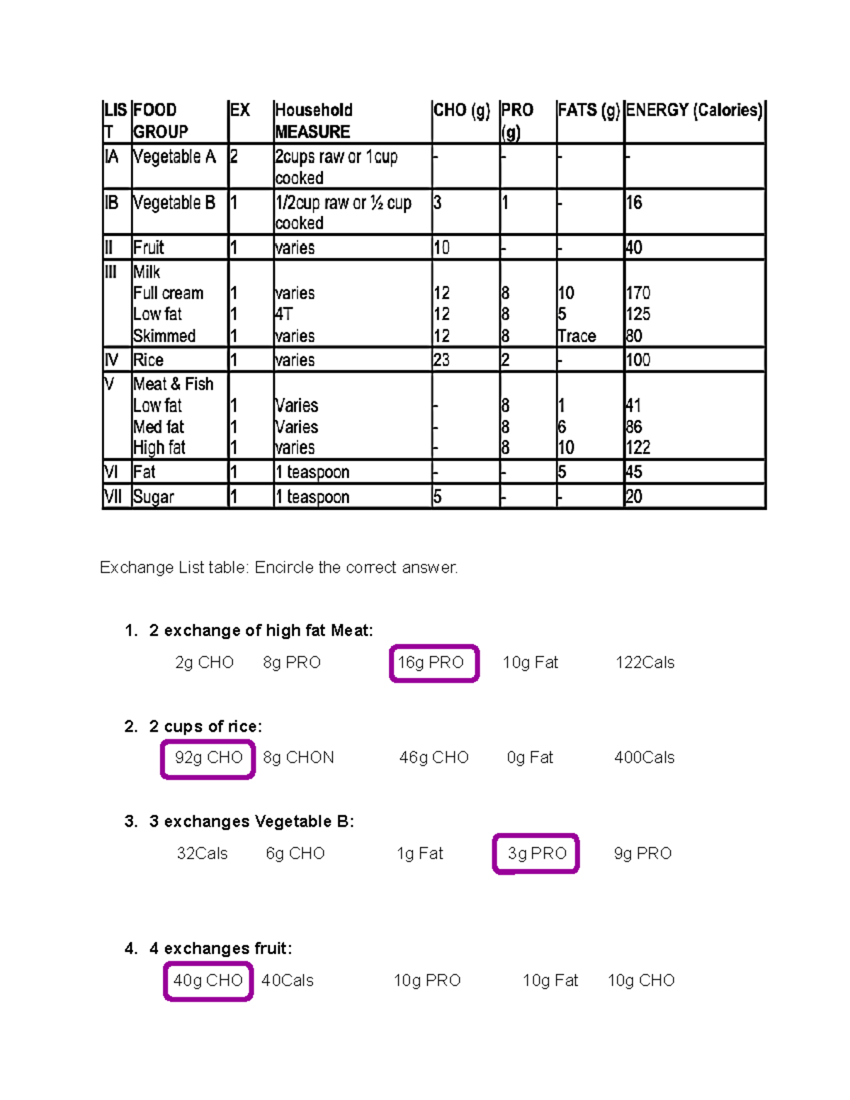 Course TASK 6 - Exchange List table: Encircle the correct answer. 1. 2 ...