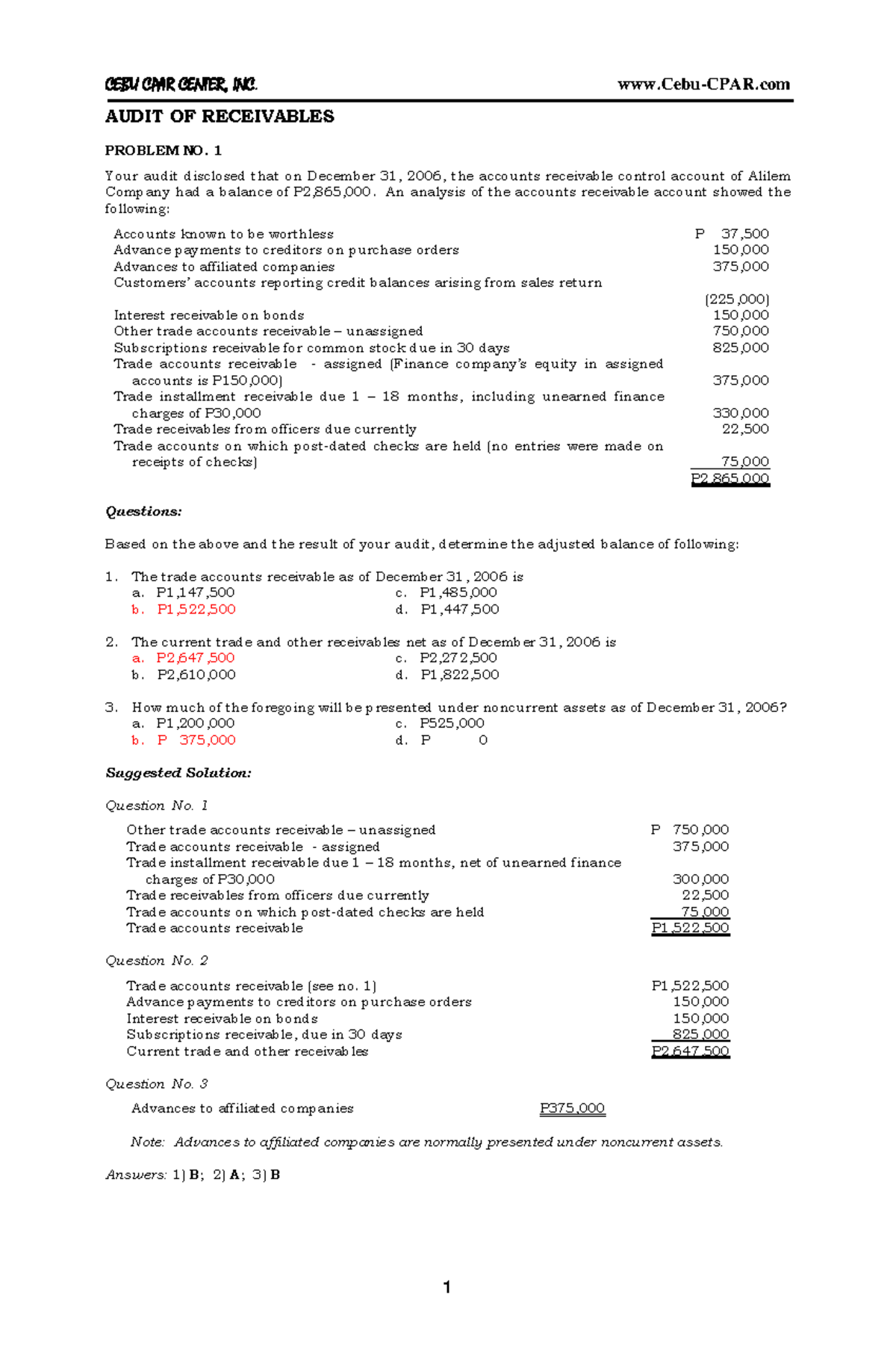 Audit 2 -ACCOUNTS RECEIVABLE - AUDIT OF RECEIVABLES PROBLEM NO. 1 Your ...
