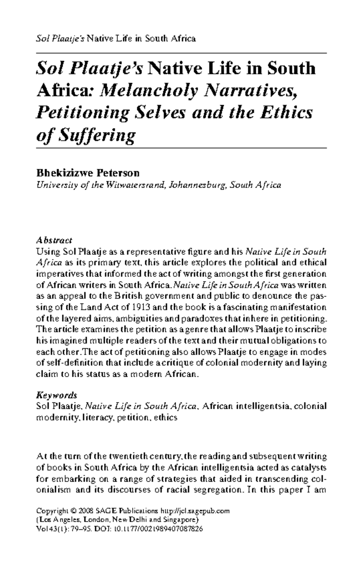 Peterson 2008 sol plaatje s native life in south africa melancholy ...