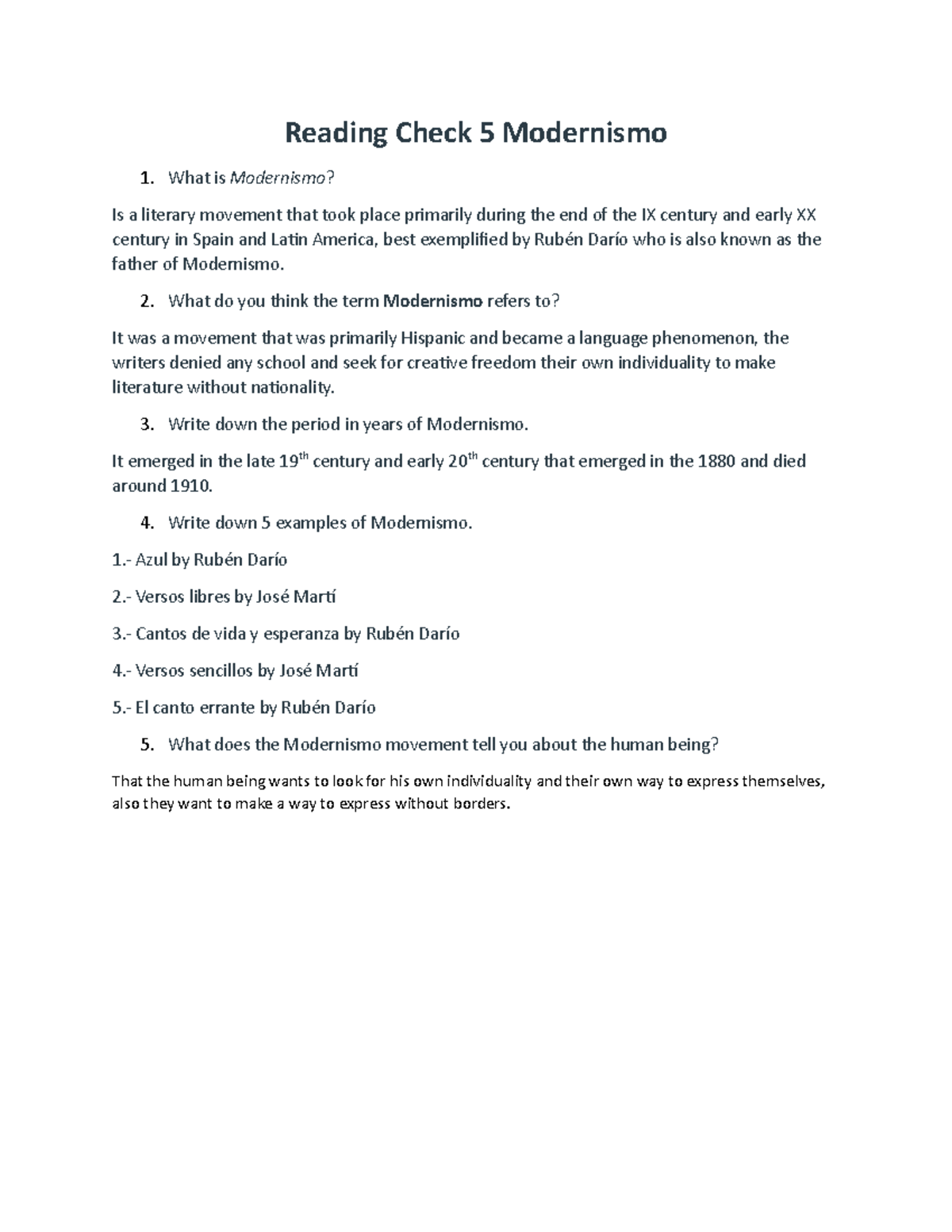 Reading Check 5 Modernismo - Reading Check 5 Modernismo What is ...